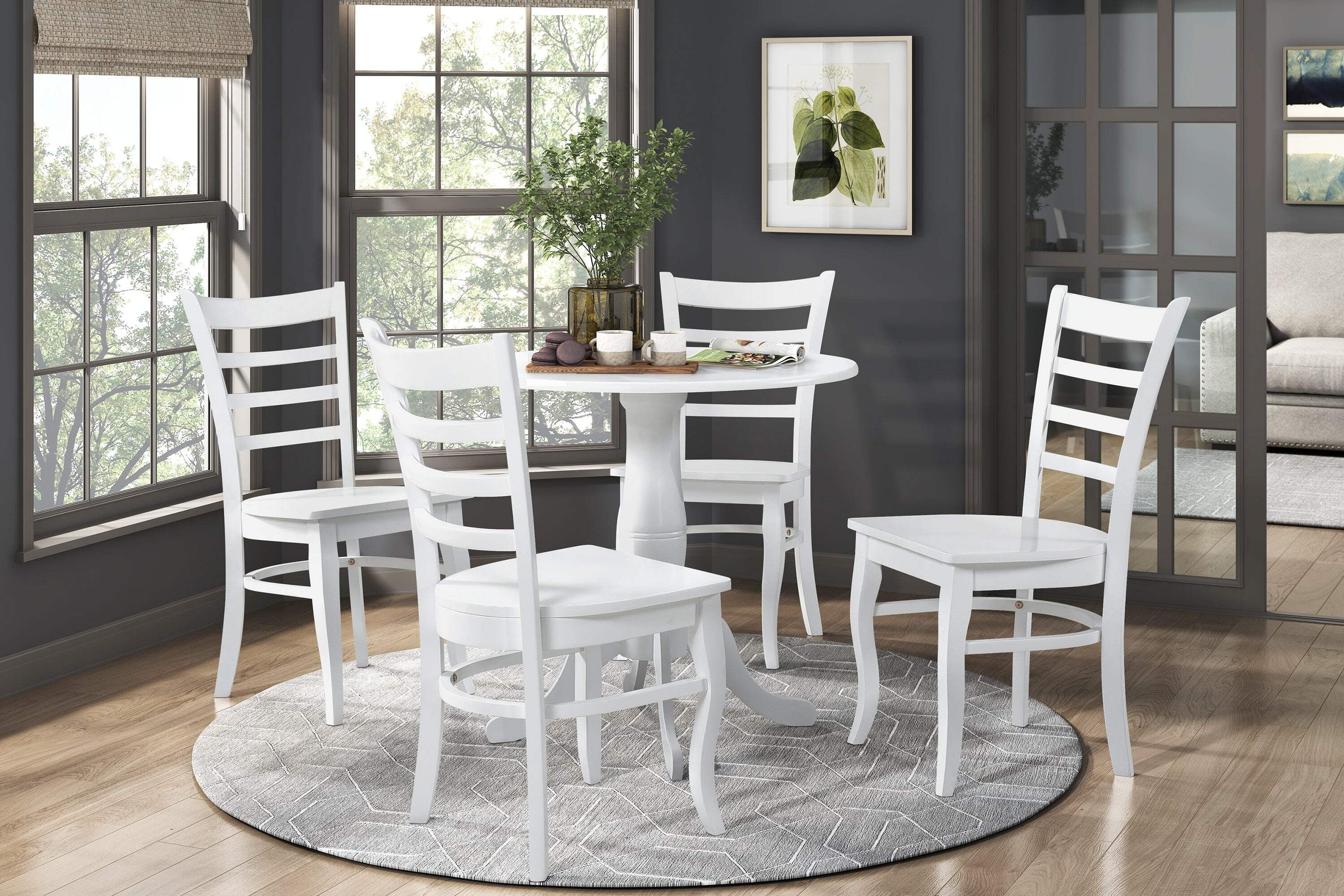White Finish 5Pc Dining Set Round Table And 4 Chairs Set Wooden Ladder ...