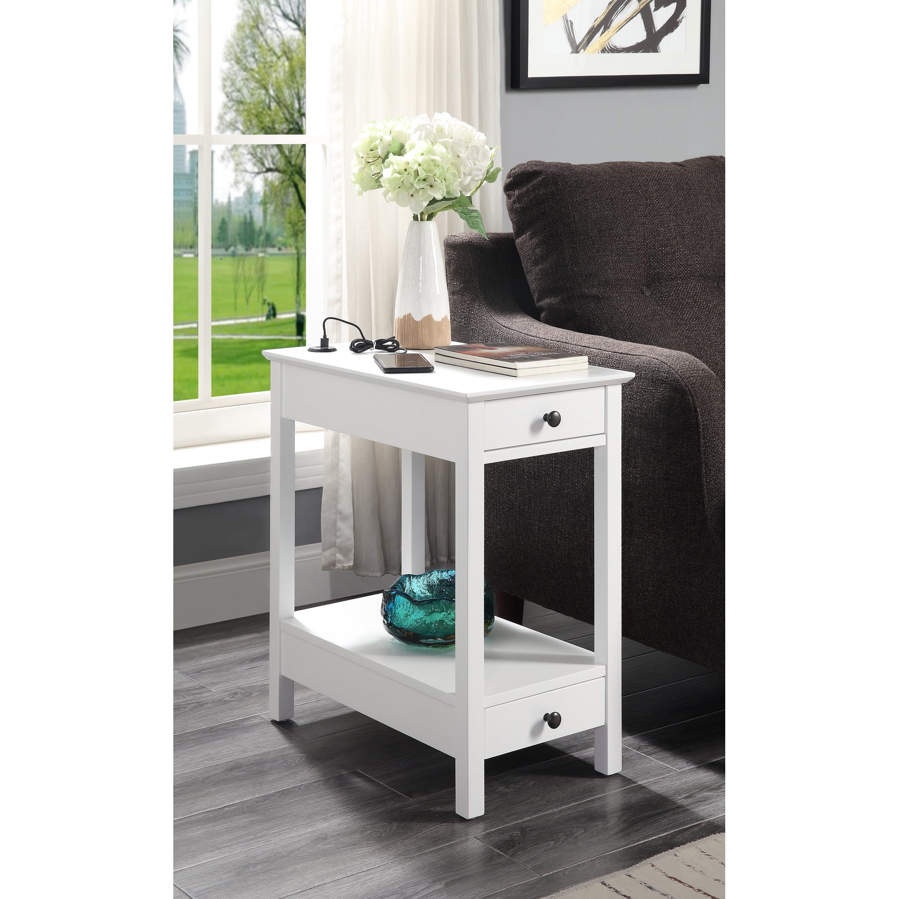 White Finish Accent Table With Storage - 2 Drawer & 1 Open Compartment ...