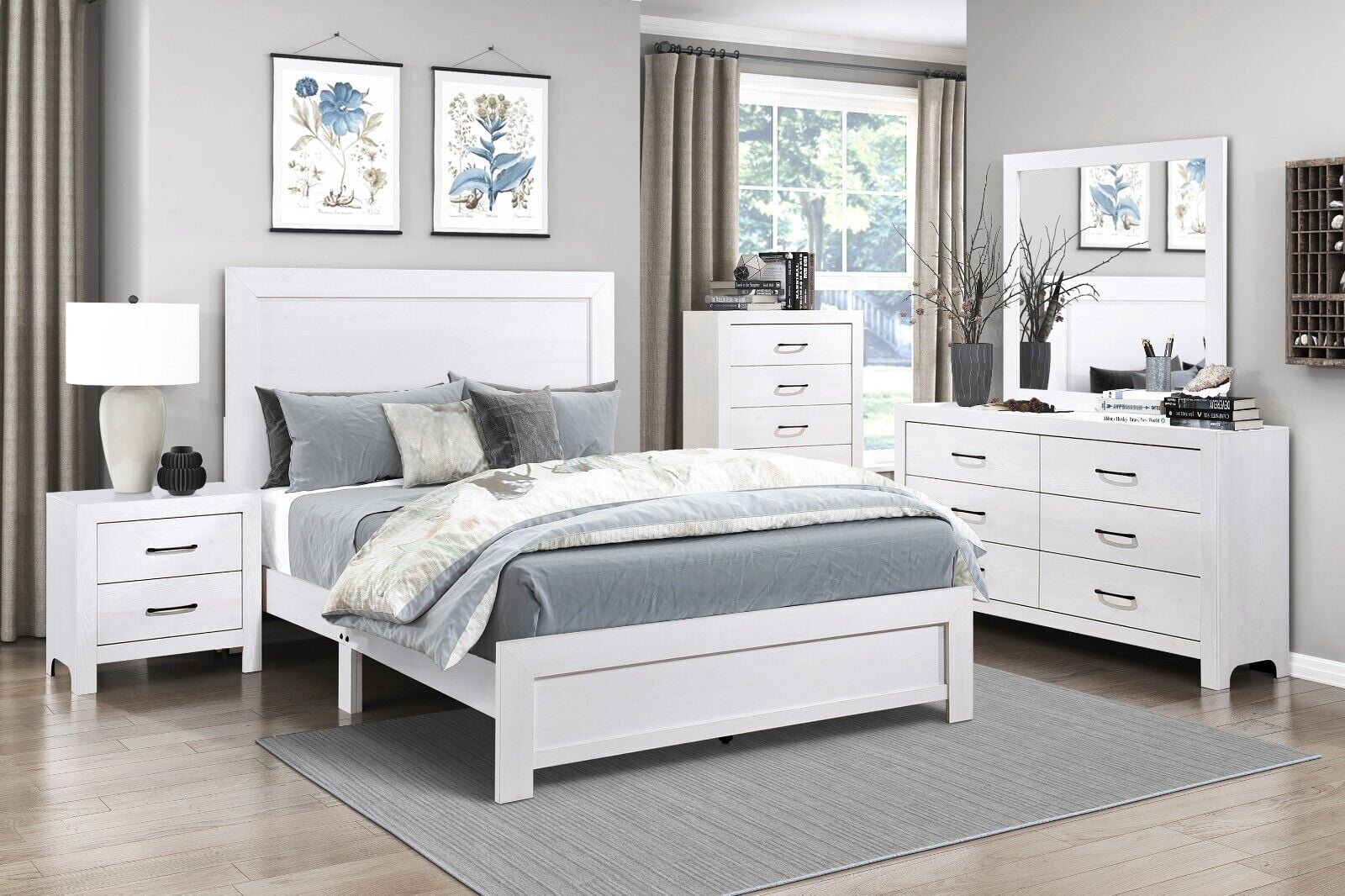 White Finish Bedroom 5pc Set Queen Panel Bed Nightstand Dresser Mirror ...