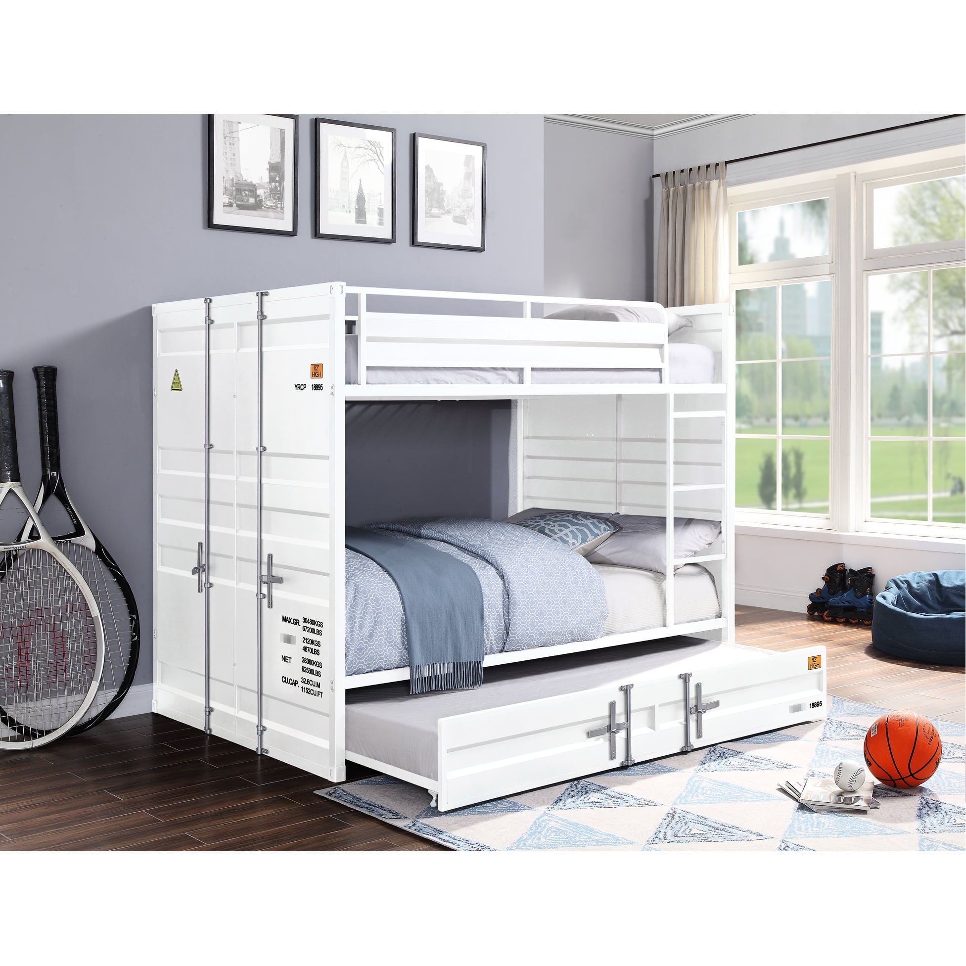 White Finish Full Bunk Bed With Trundle - Industrial Style & Functional ...