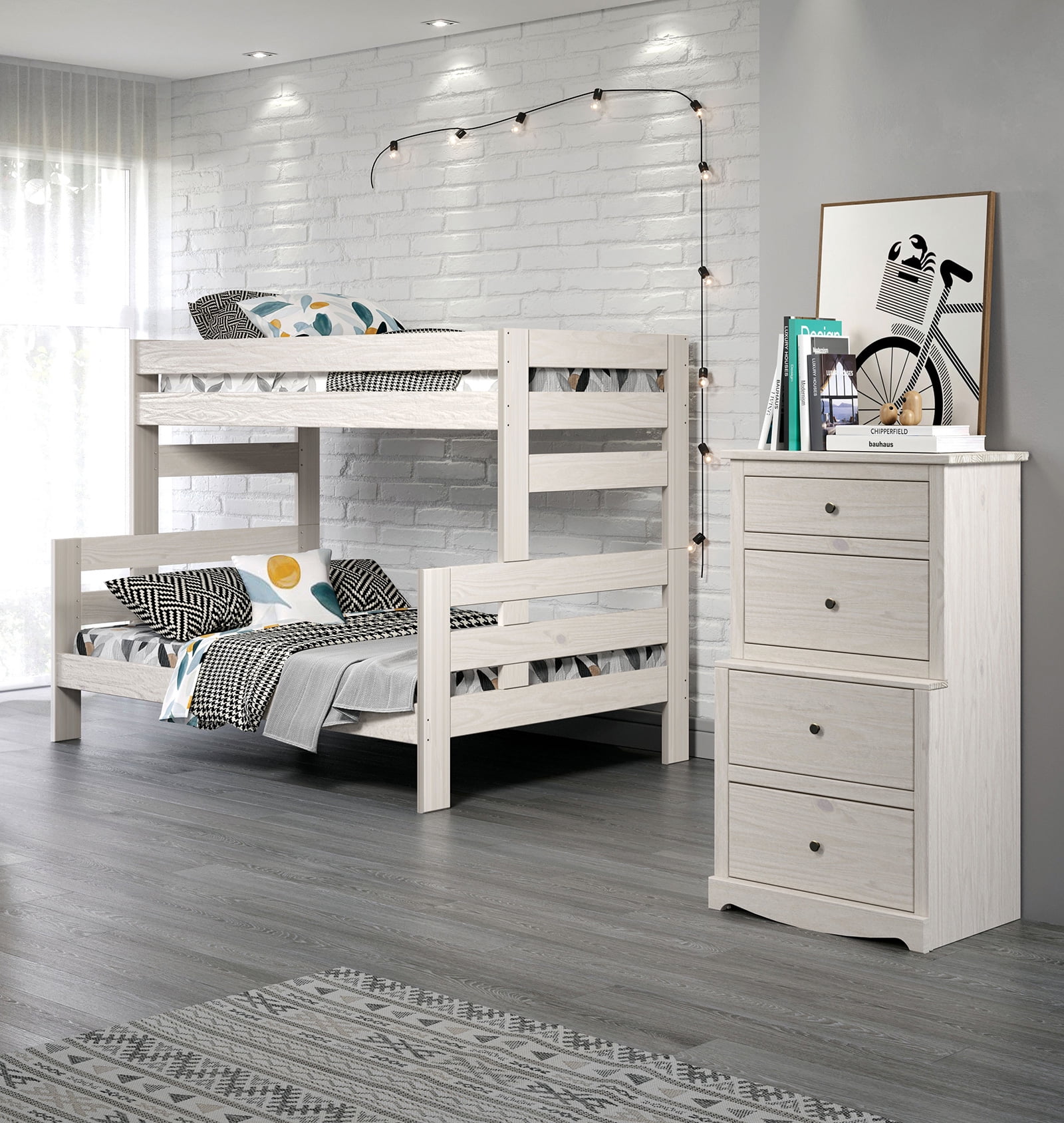 White Finish Rustic Bunk Bed Plank Wood Design Ladder And Plank Design ...