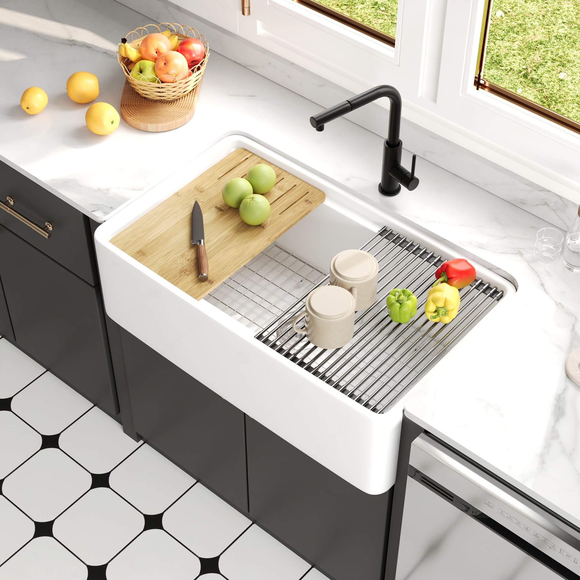 White Fireclay 33 in. Single Bowl Farmhouse Apron Workstation Kitchen ...