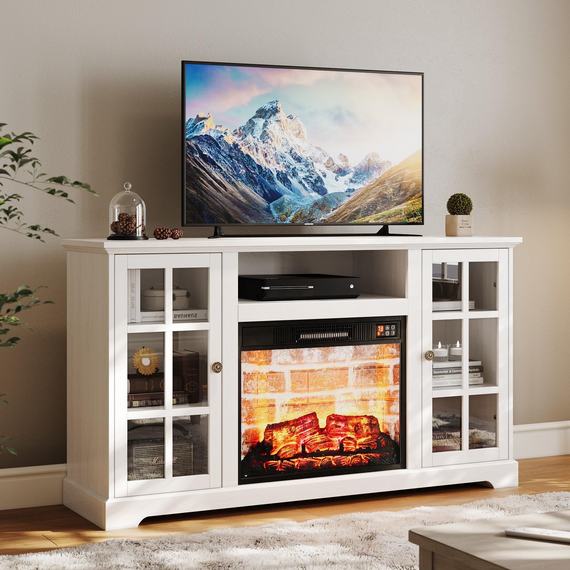 Farmhouse White Fireplace TV Stand for 65 inch TV with Adjustable ...