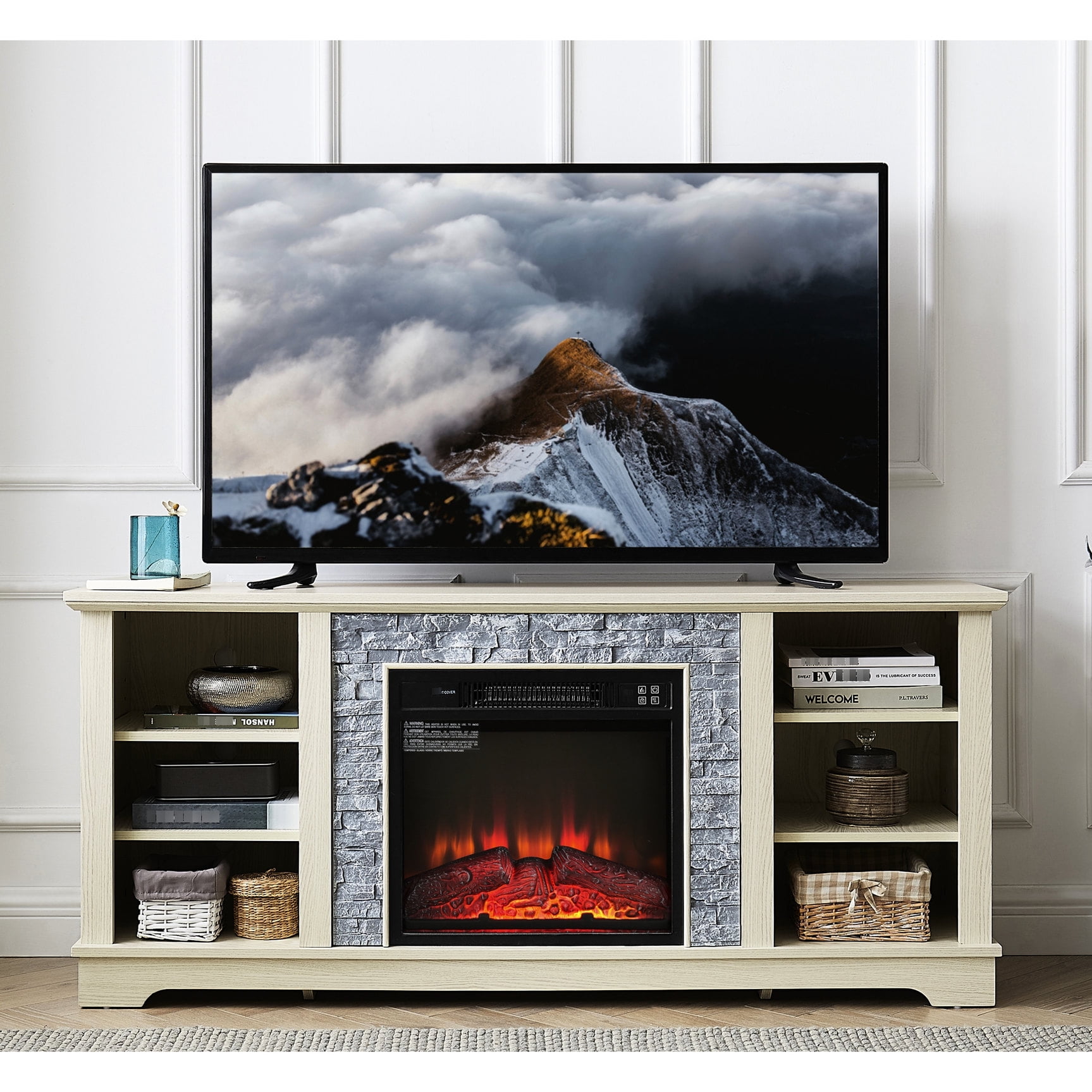 White Fireplace TV Stand with Storage / Gaming Setup / Flame Effect ...