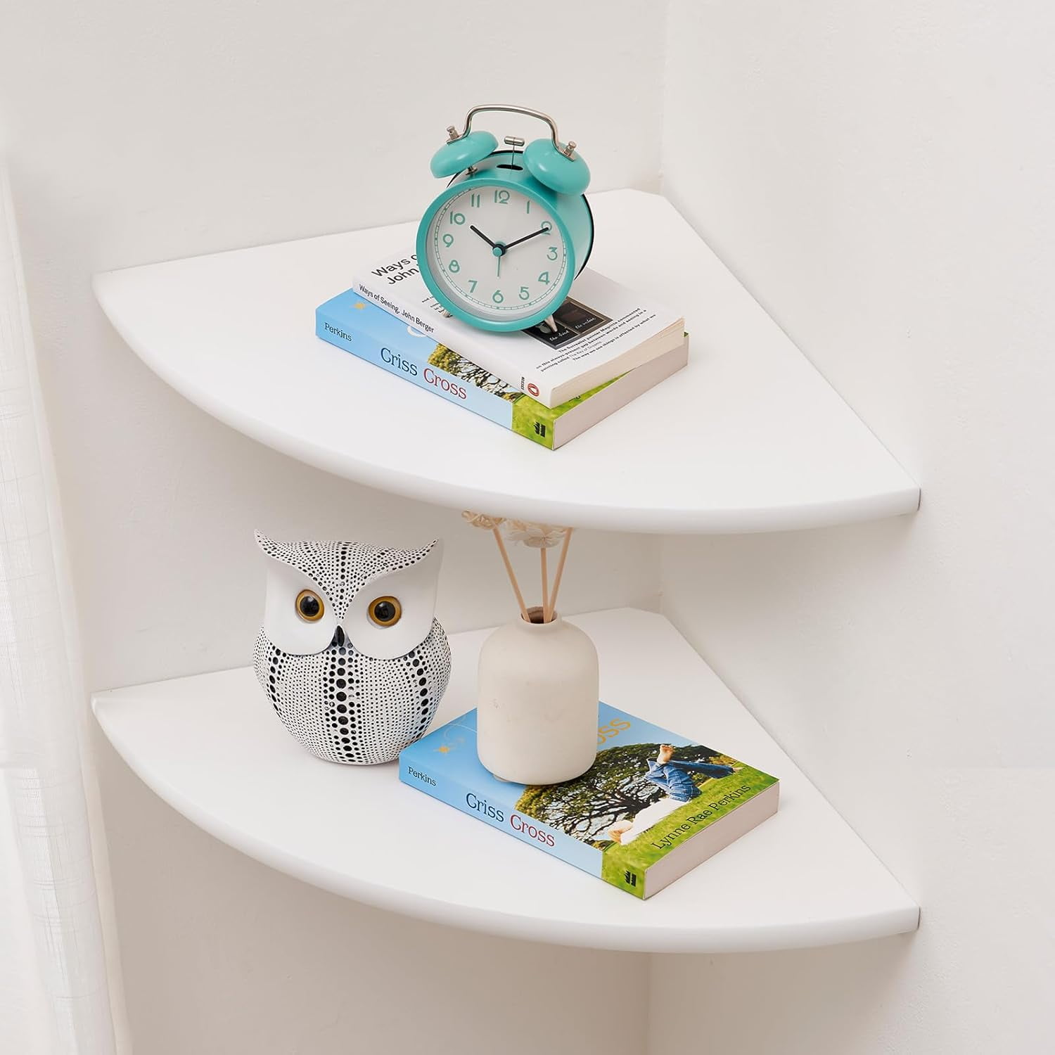 White Floating Corner Shelf, Set of 2 10inch Solid Oak Wood Wall ...