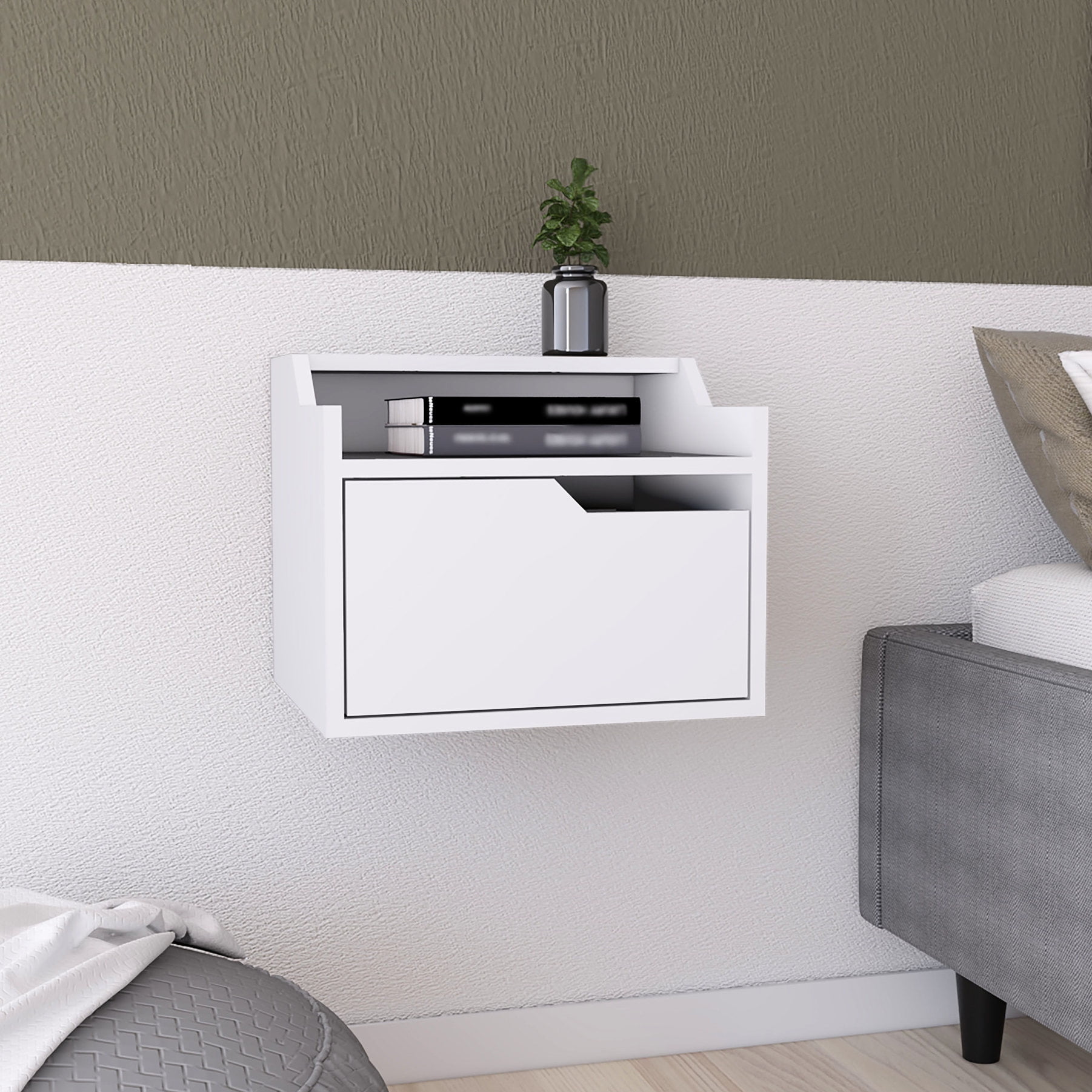 White Floating Feature - Wall - Mounted to Optimize Space - Bedroom ...
