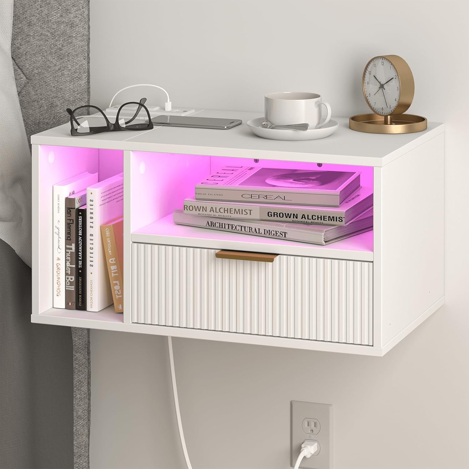 White Floating Nightstand with Charging Station and LED Lights,White ...