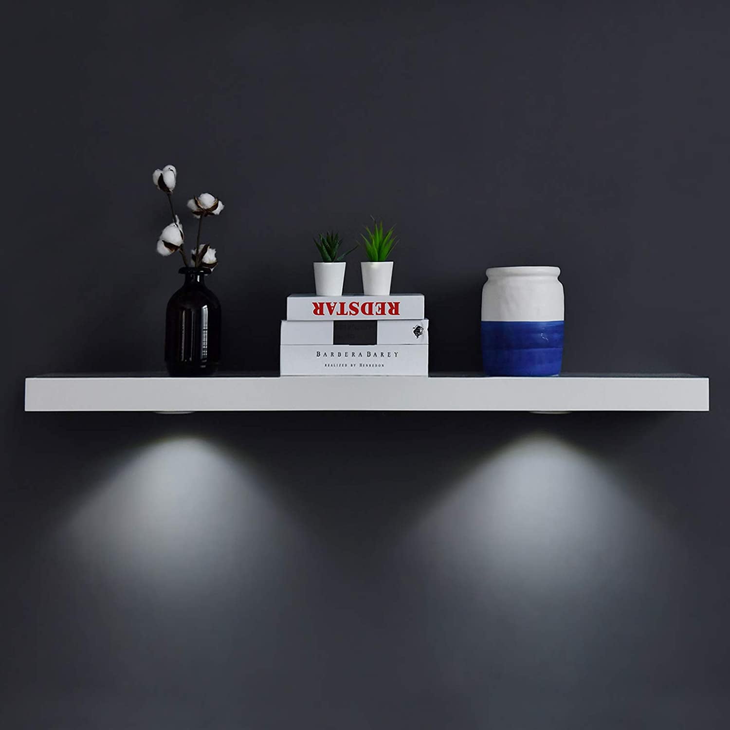 White Floating Shelf with Touch-Sensing Battery Powered LED Light,Wall ...