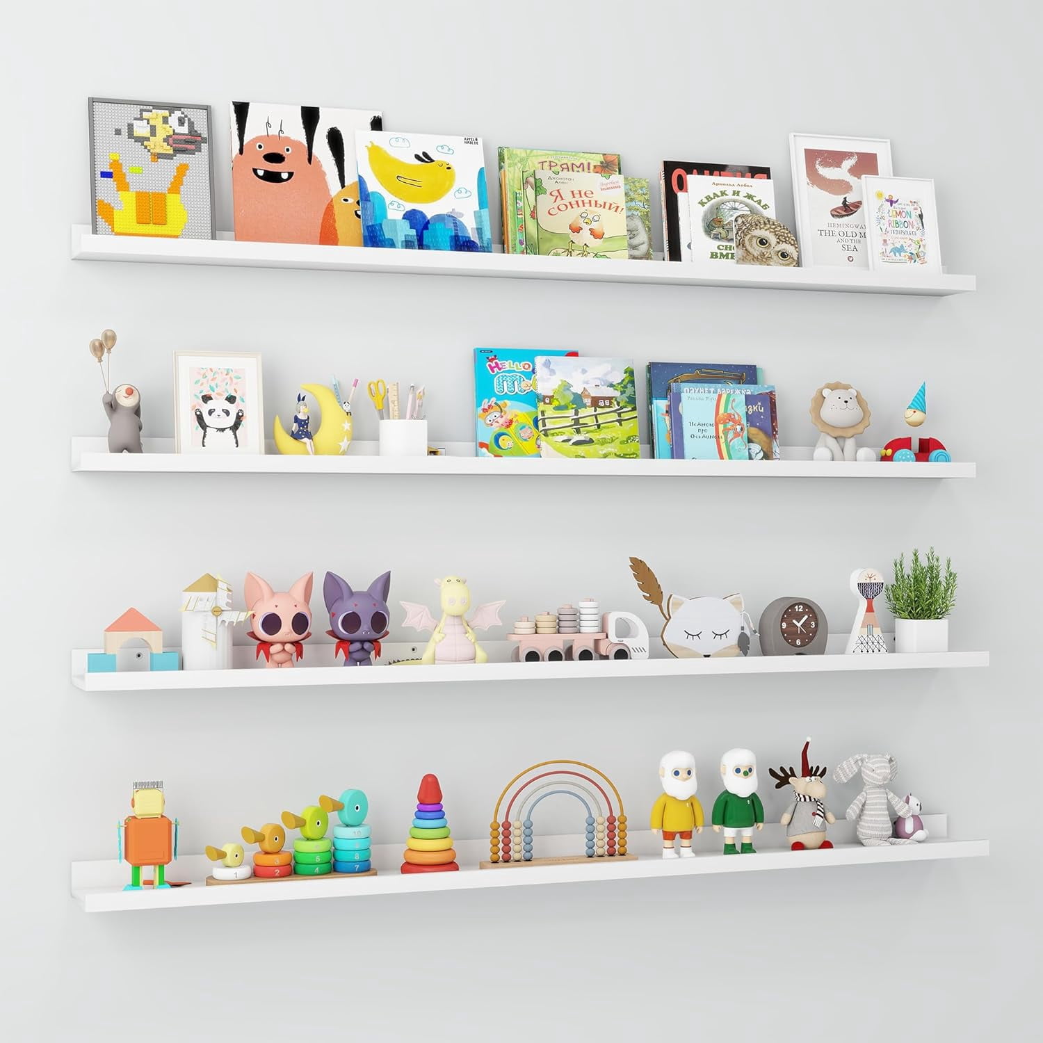 White Floating Shelves | Picture Ledge Shelf Set of 4 | 56 Inch Picture ...