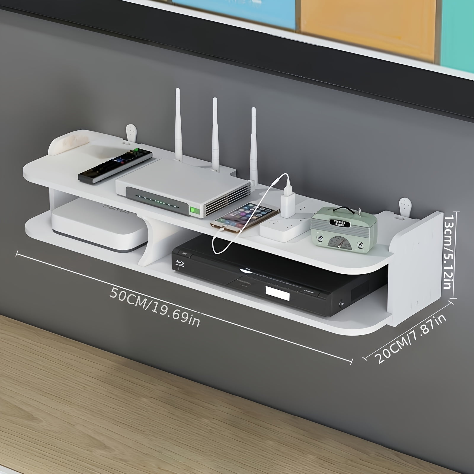 [White Floating TV Shelf] Space-Saving White Floating TV Shelf with ...