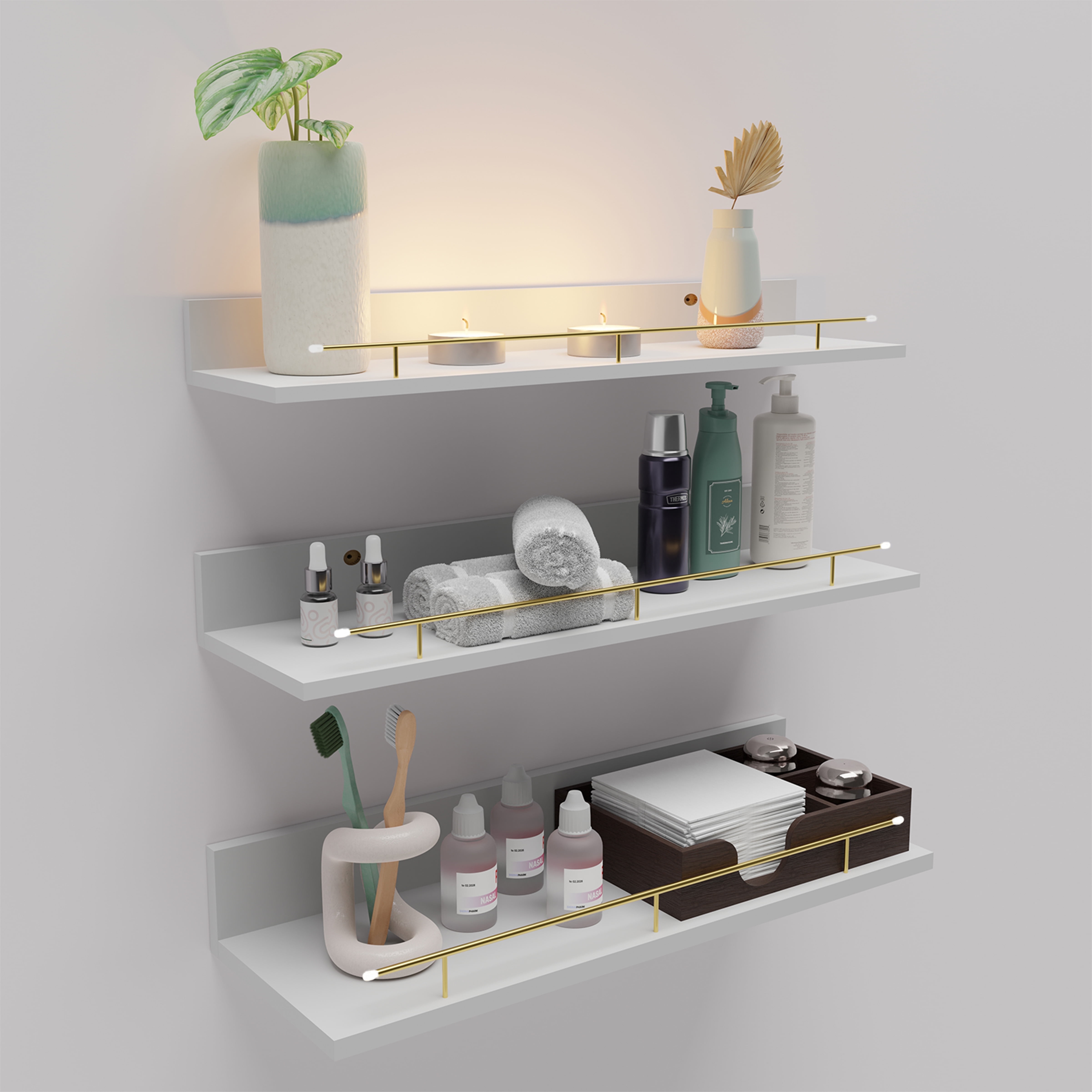 CRUGLA White Floating Wall Shelves Set of 3 Modern Storage Shelves for ...