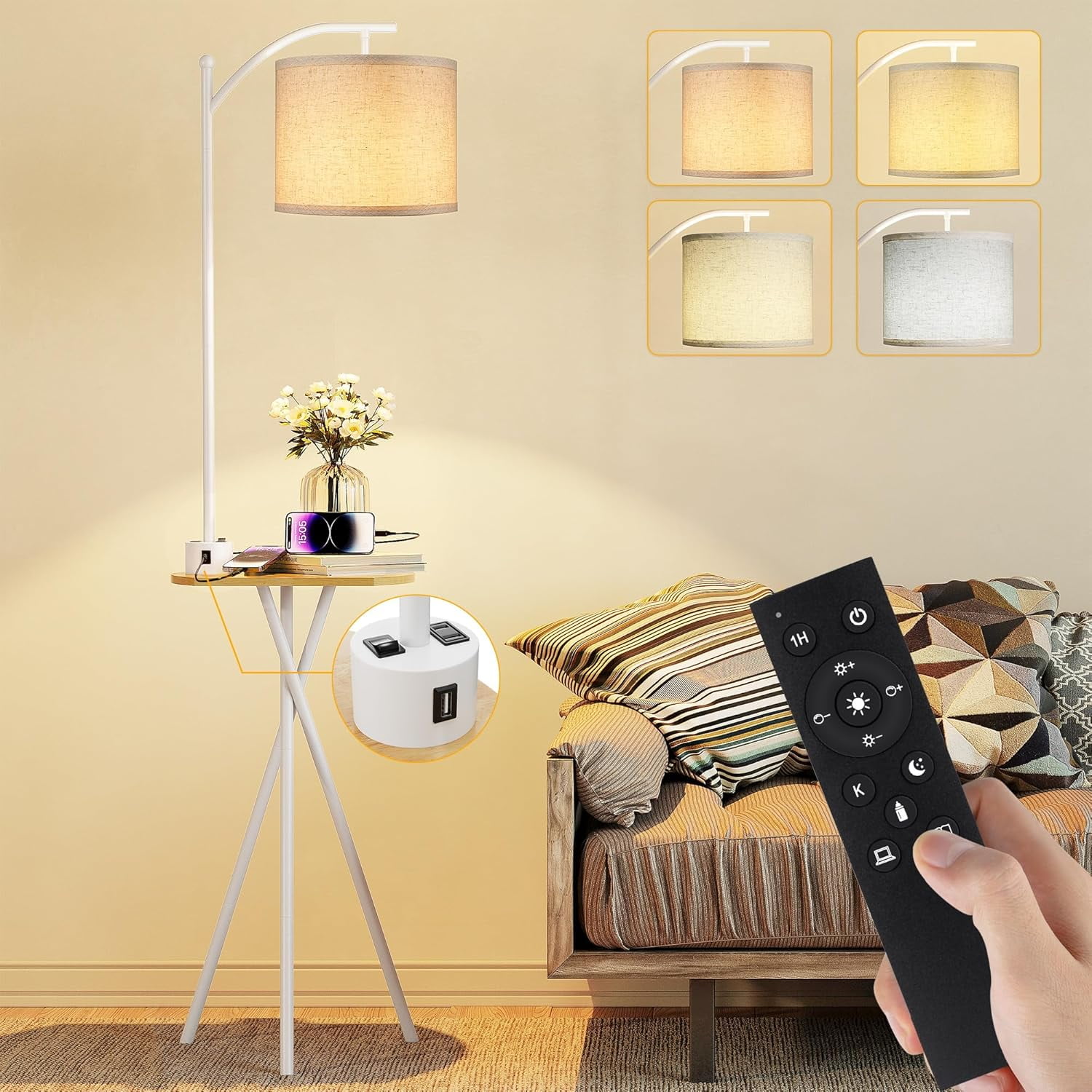 White Floor Lamp with Table, End Table Lamp with Remote Control and ...