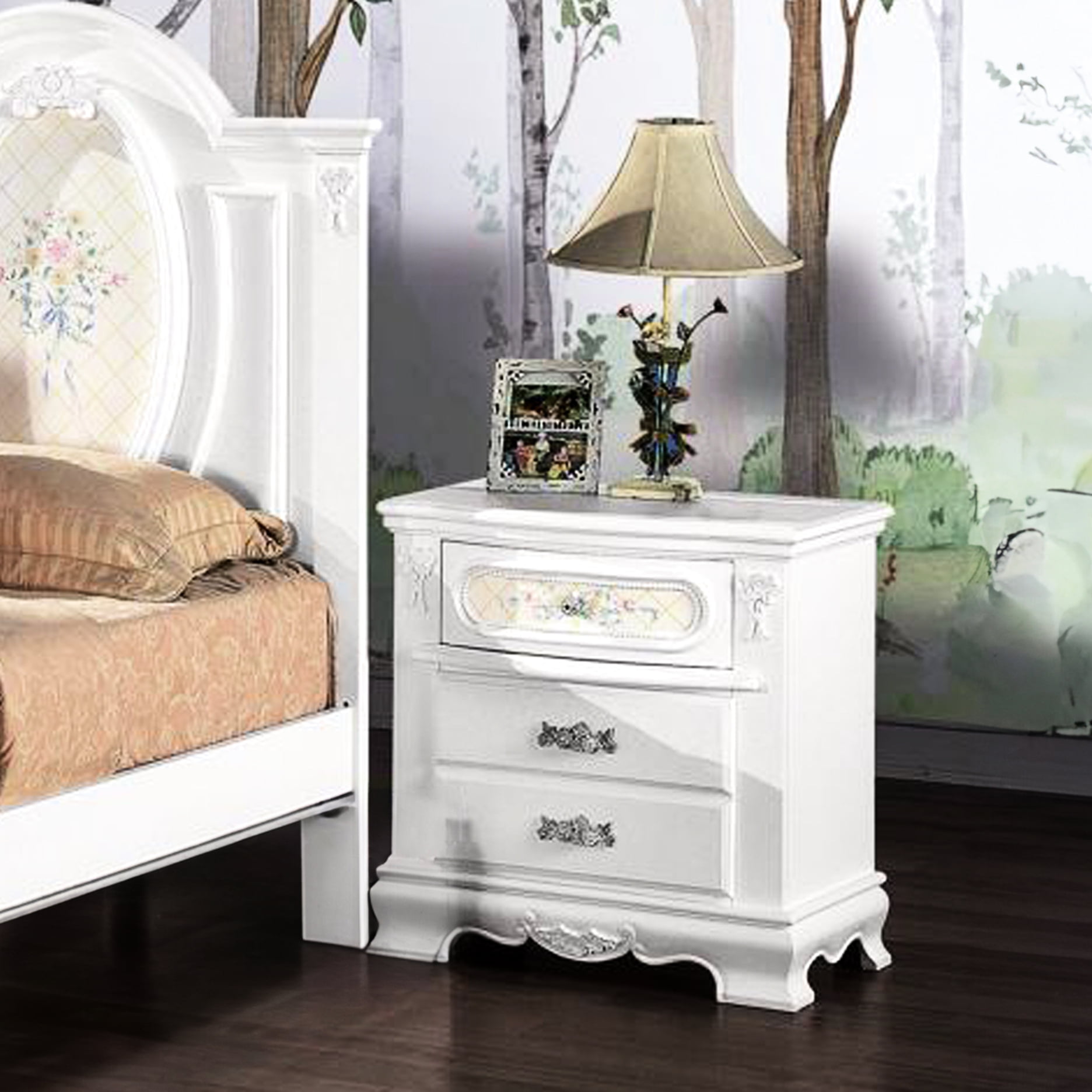 White Floral 2 Bedroom Nightstand - Seamless Center Wooden Glide ...