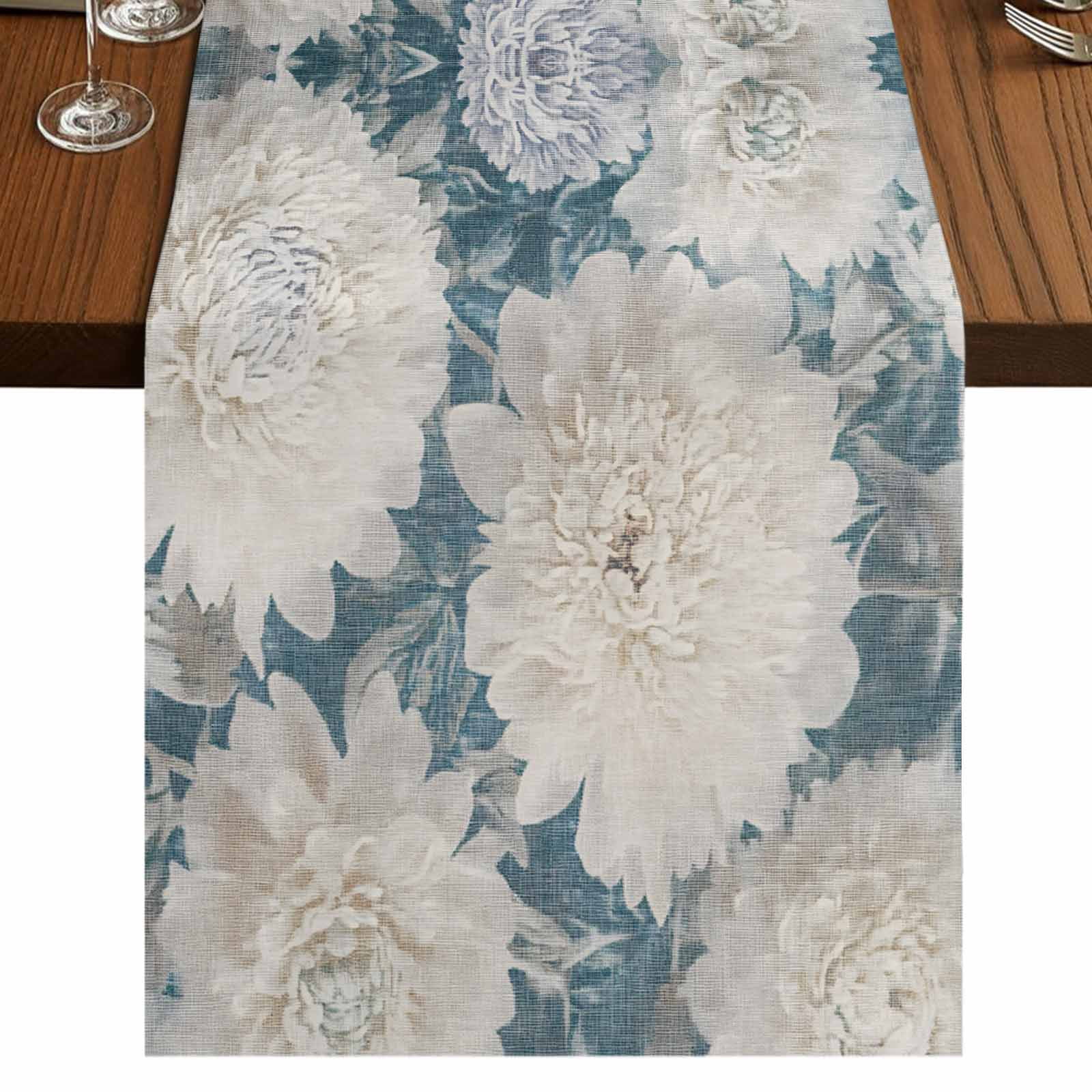 White Floral Blossom 120 Inch Table Runner, Vintage Botanical Floral ...