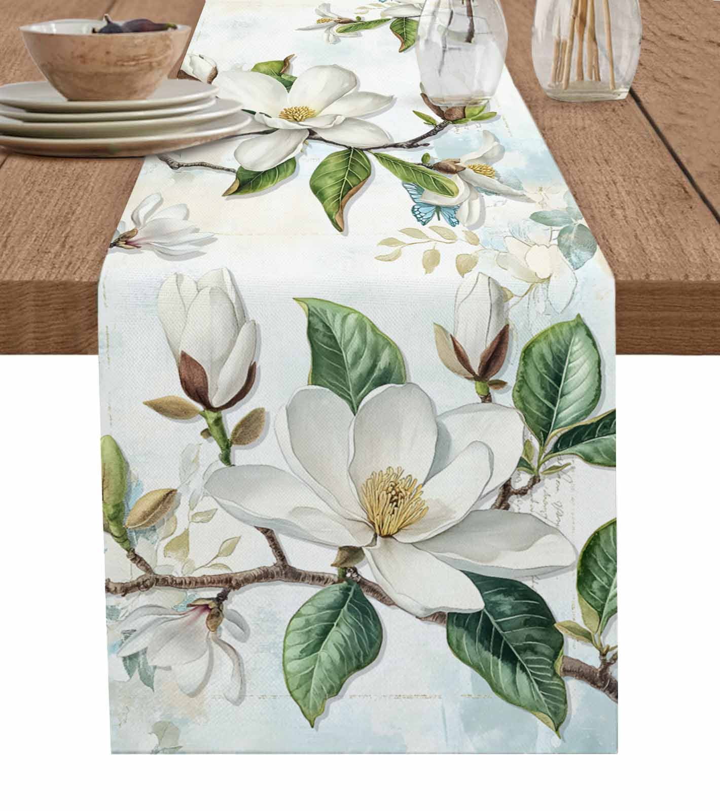 White Floral Burlap Cotton Table Runner 13x70 Inches Long, Botanical ...