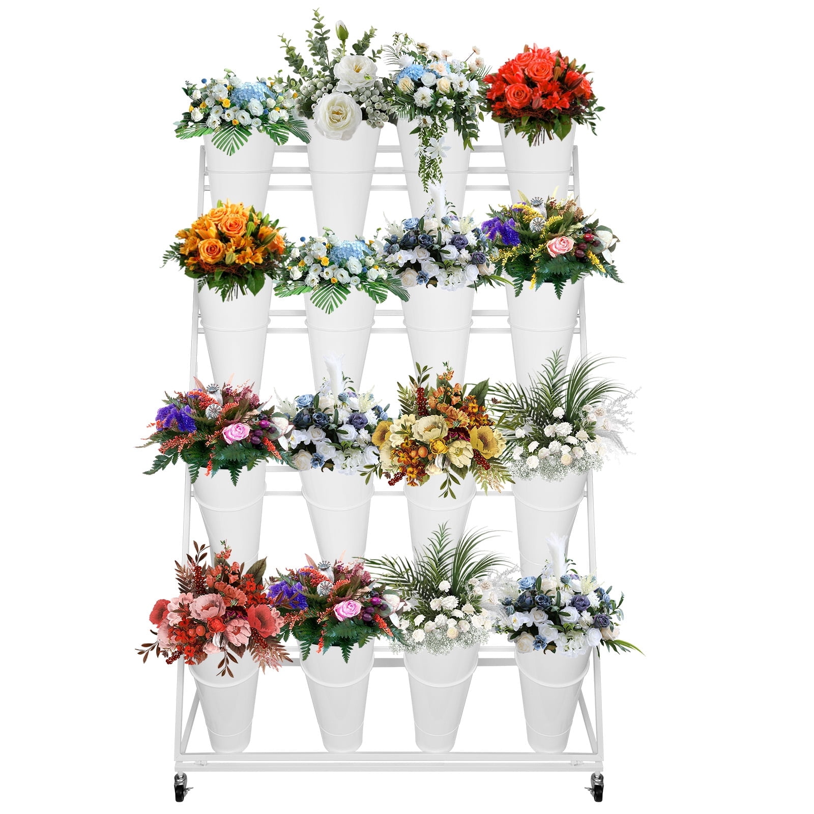 White Floral Display Stand, 16 White Round Sealed Buckets, Non-Slip ...
