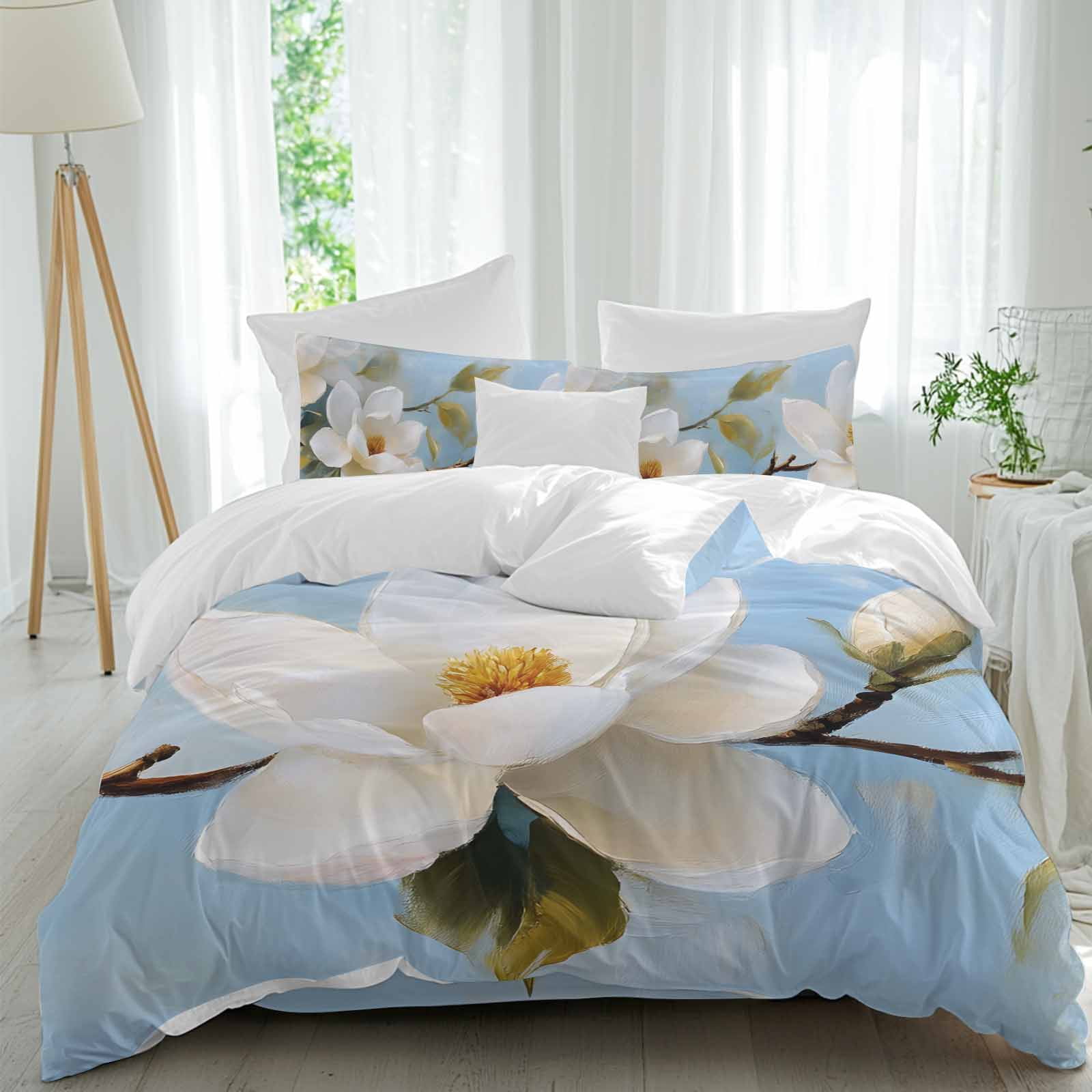 White Floral Duvet Cover Set Queen Size Magnolia Leaf Plant Blue ...