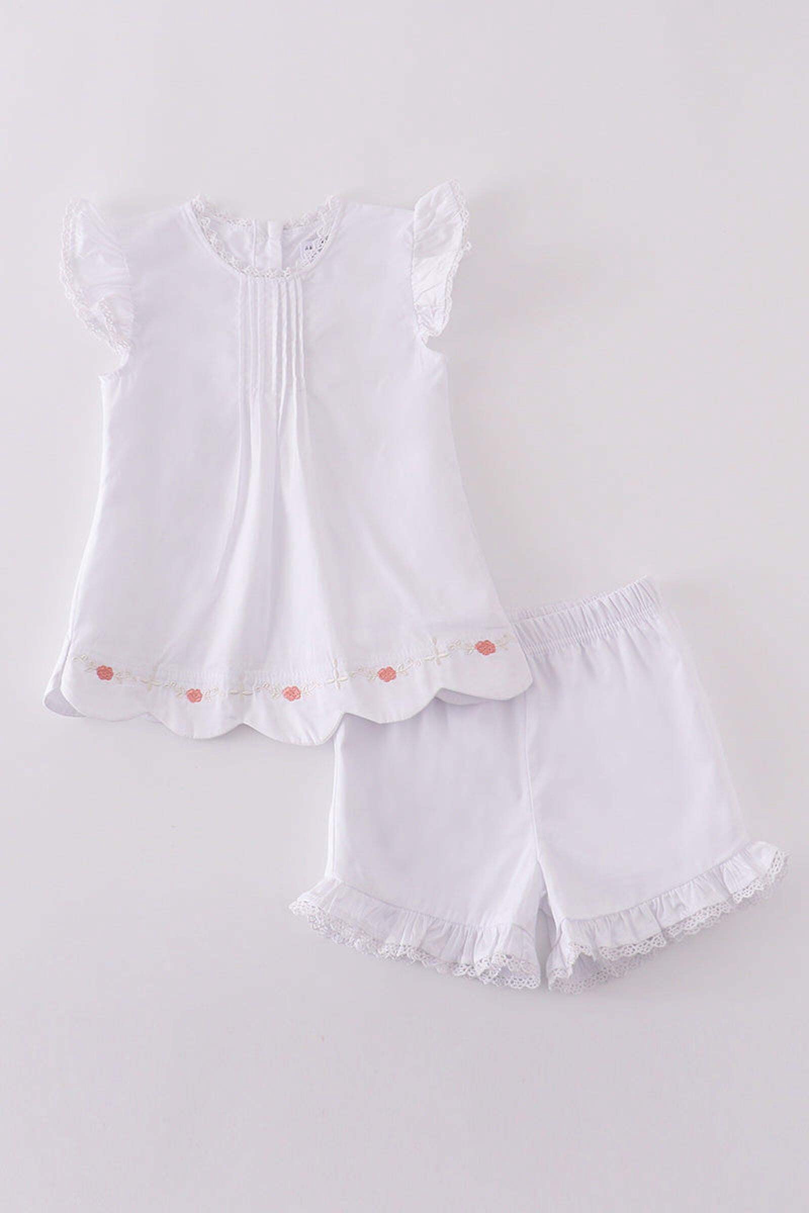 White Floral Embroidered Shorts Set | 100% Cotton | Abby & Evie ...