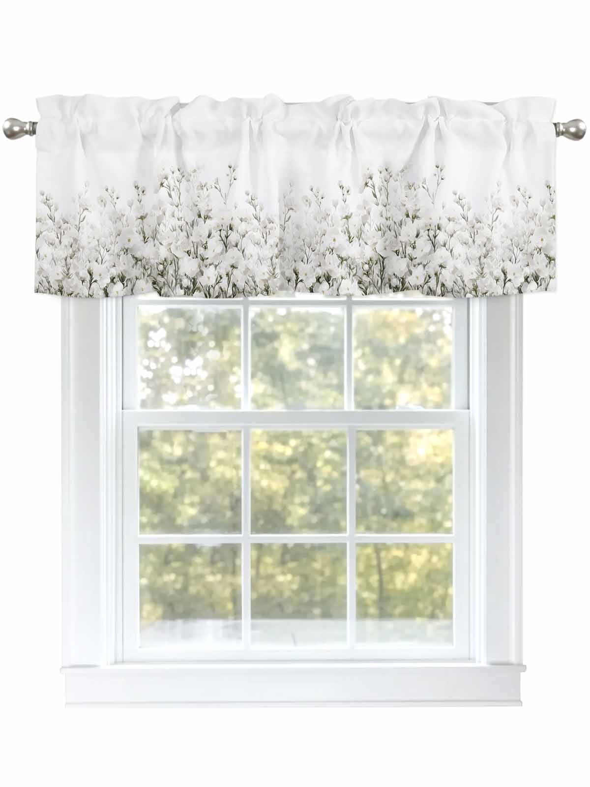 White Floral Field Valances for Windows, Rod Pocket Kitchen Valance ...