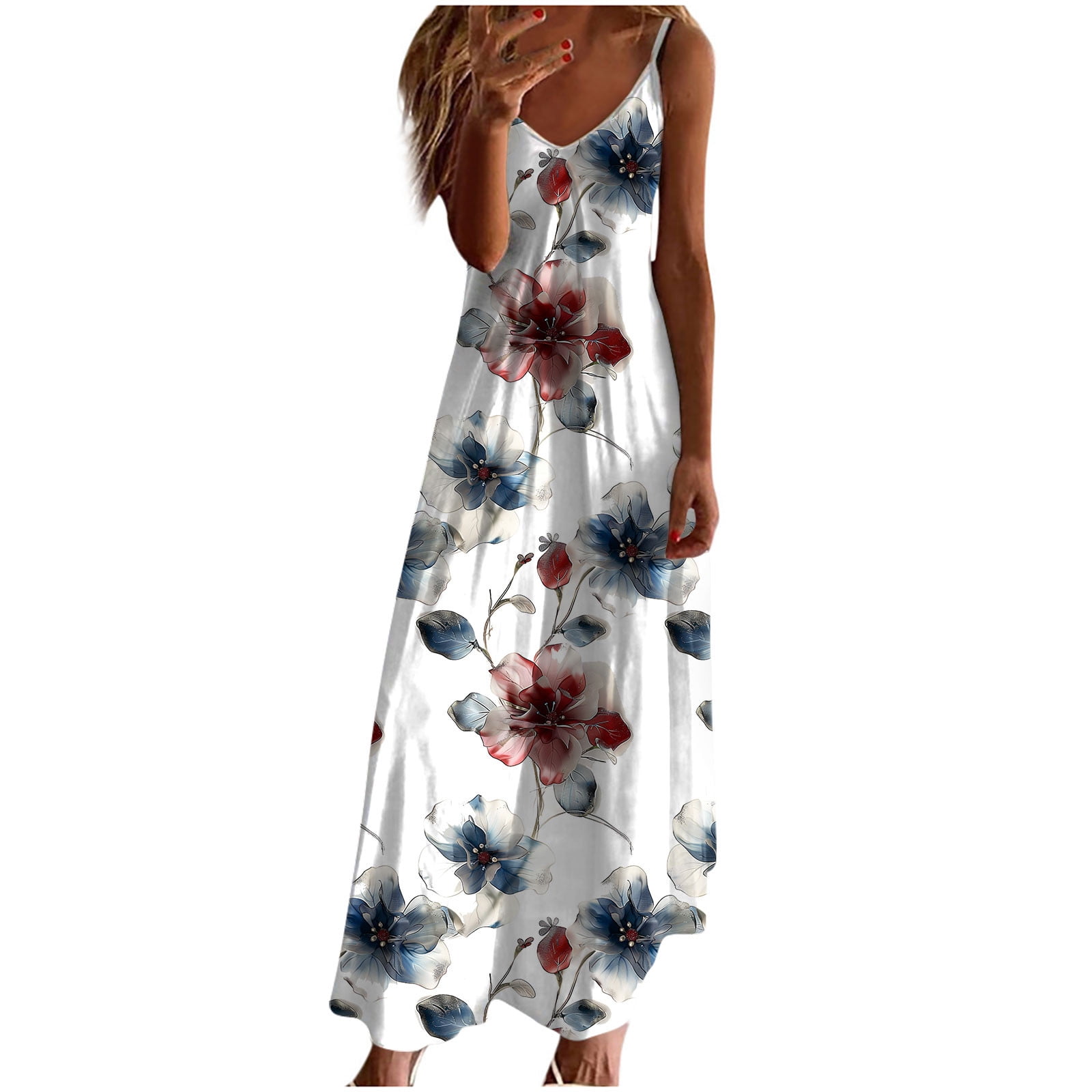 White Floral Graphic Loose Fit Sundress for Ladies Summer Fall ...