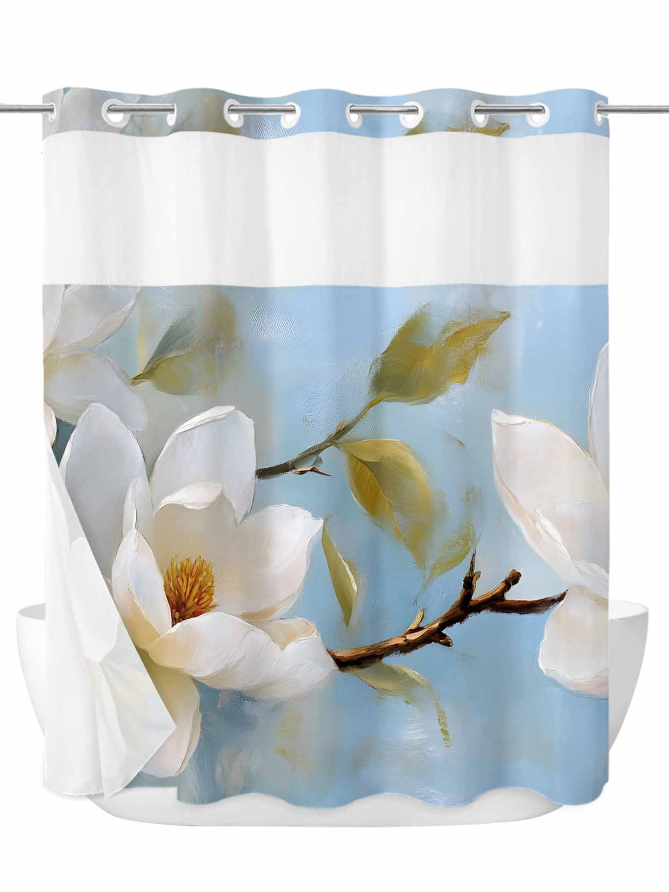 White Floral No Hook Shower Curtain and Liner Set Magnolia Leaf Plant ...