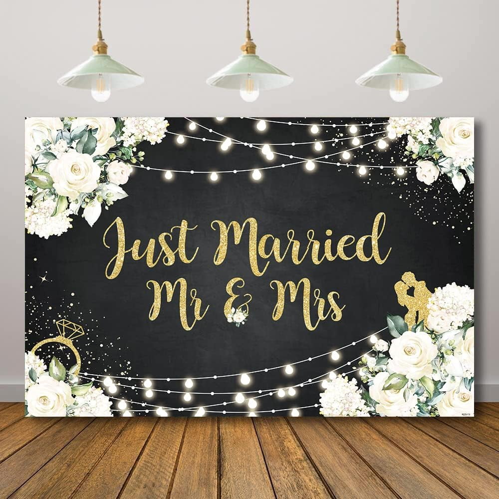 White Floral Just Married Mr & Mrs Party Backdrop Wedding Ceremony ...
