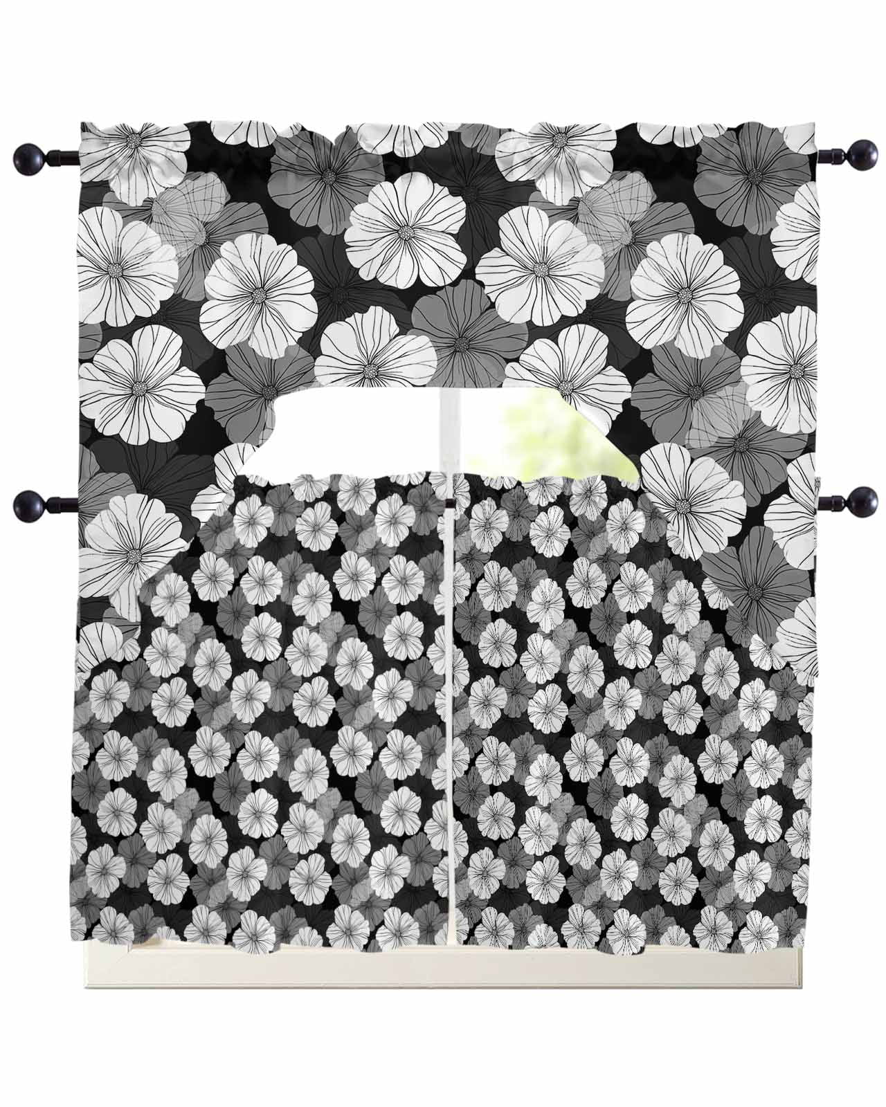 White Floral Kitchen Curtains Swag Valance and Tier Curtains Set 24 Inch Length, Vintage Country ...