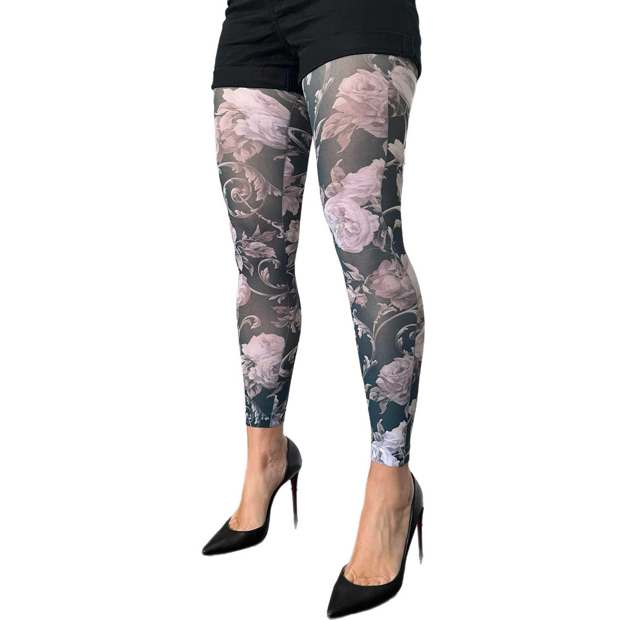 White Floral Opaque Patterned Footless Tights for Women Malka Chic ...