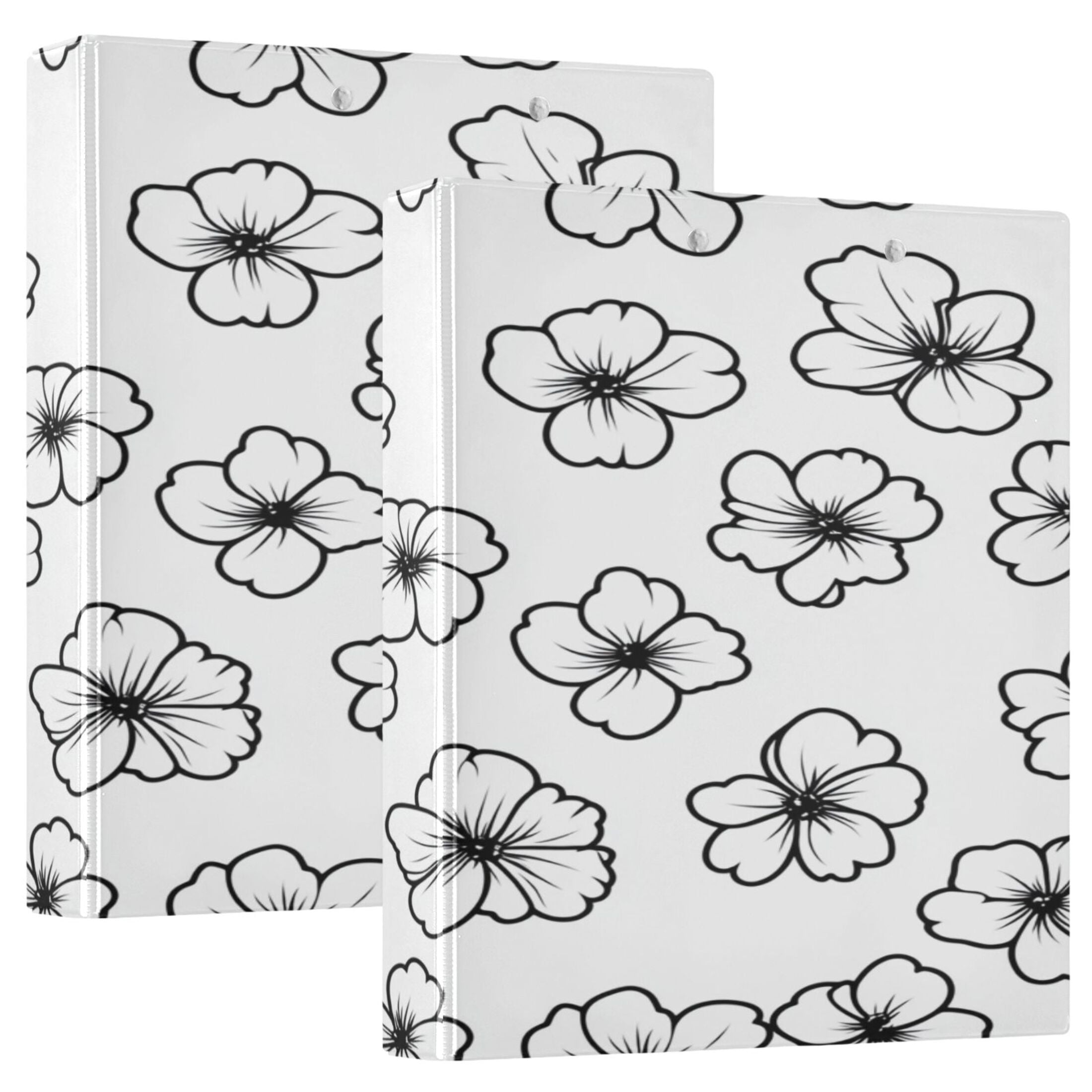 White Floral Pattern 12.4x10.6in PVC Round Ring Binders, 2-Pack, D-Ring ...