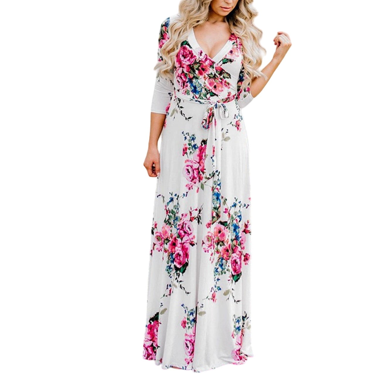 White Floral Pattern Sashes Draped 3/4 Sleeve Deep V-neck Women's Wrap ...