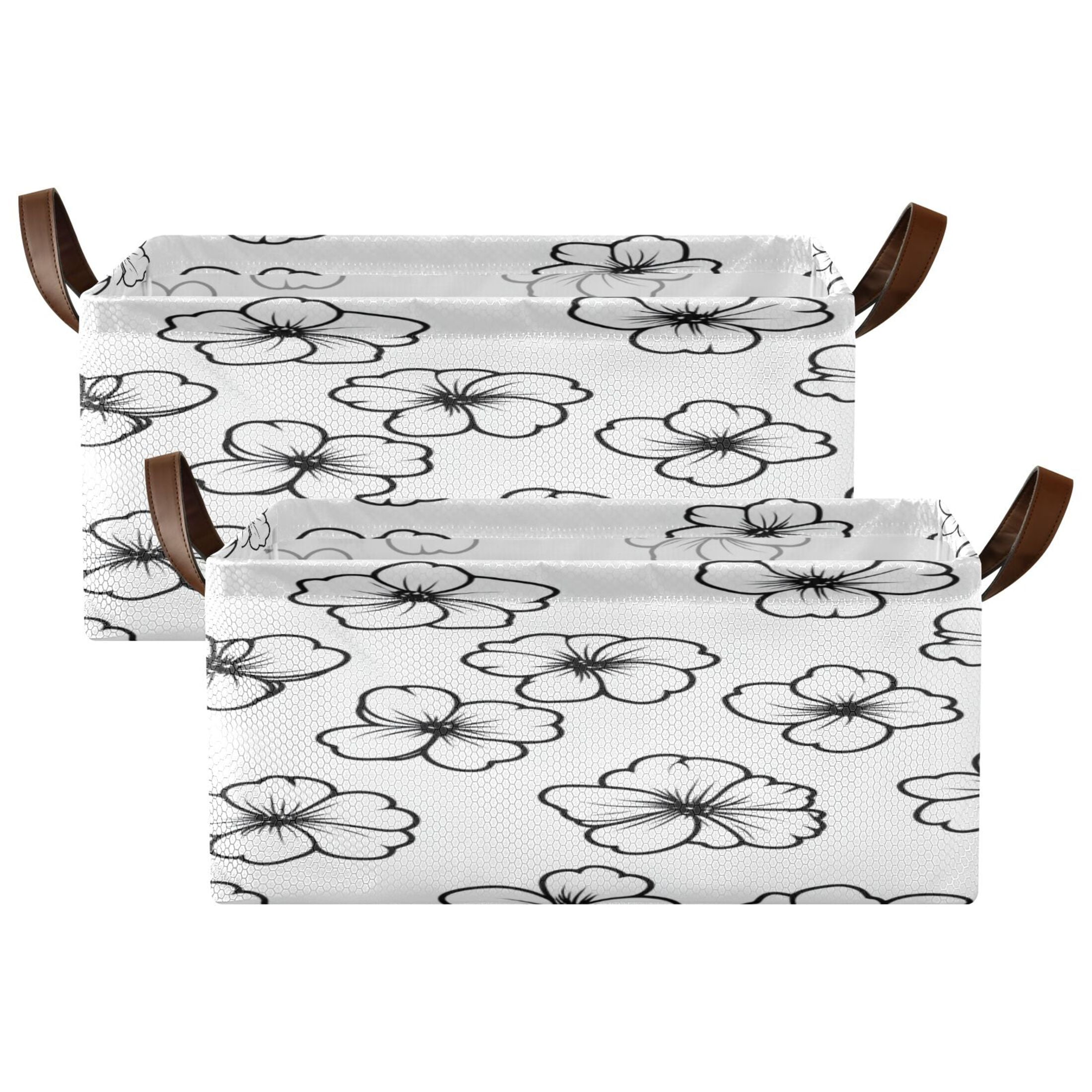 White Floral Pattern Shelf Baskets Set of 2 Foldable Metal Frame Open ...