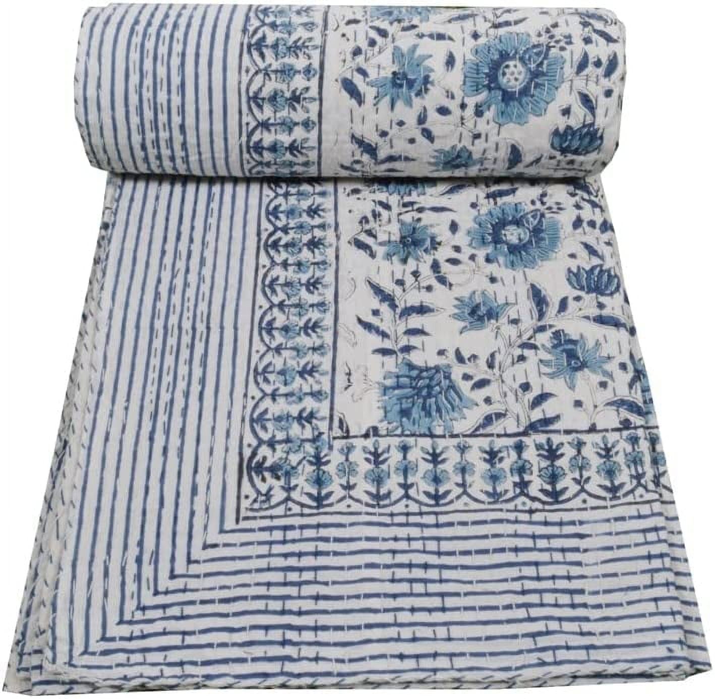 White Floral Print Kantha Quilt Twin Size Quilt King Bedspread Kantha ...