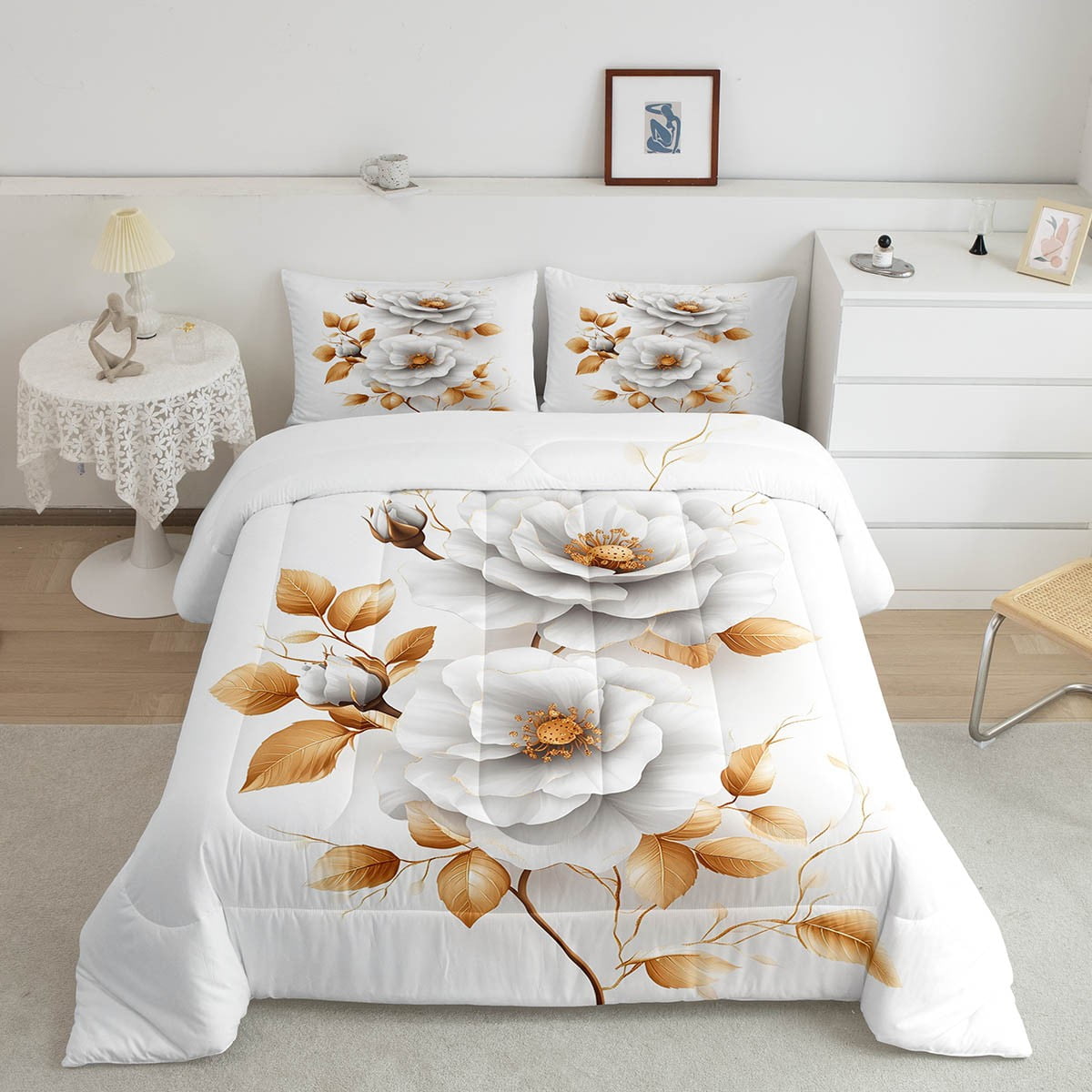 White Floral Queen Bedding Set Modern Minimalist Comforter Sets Modern ...