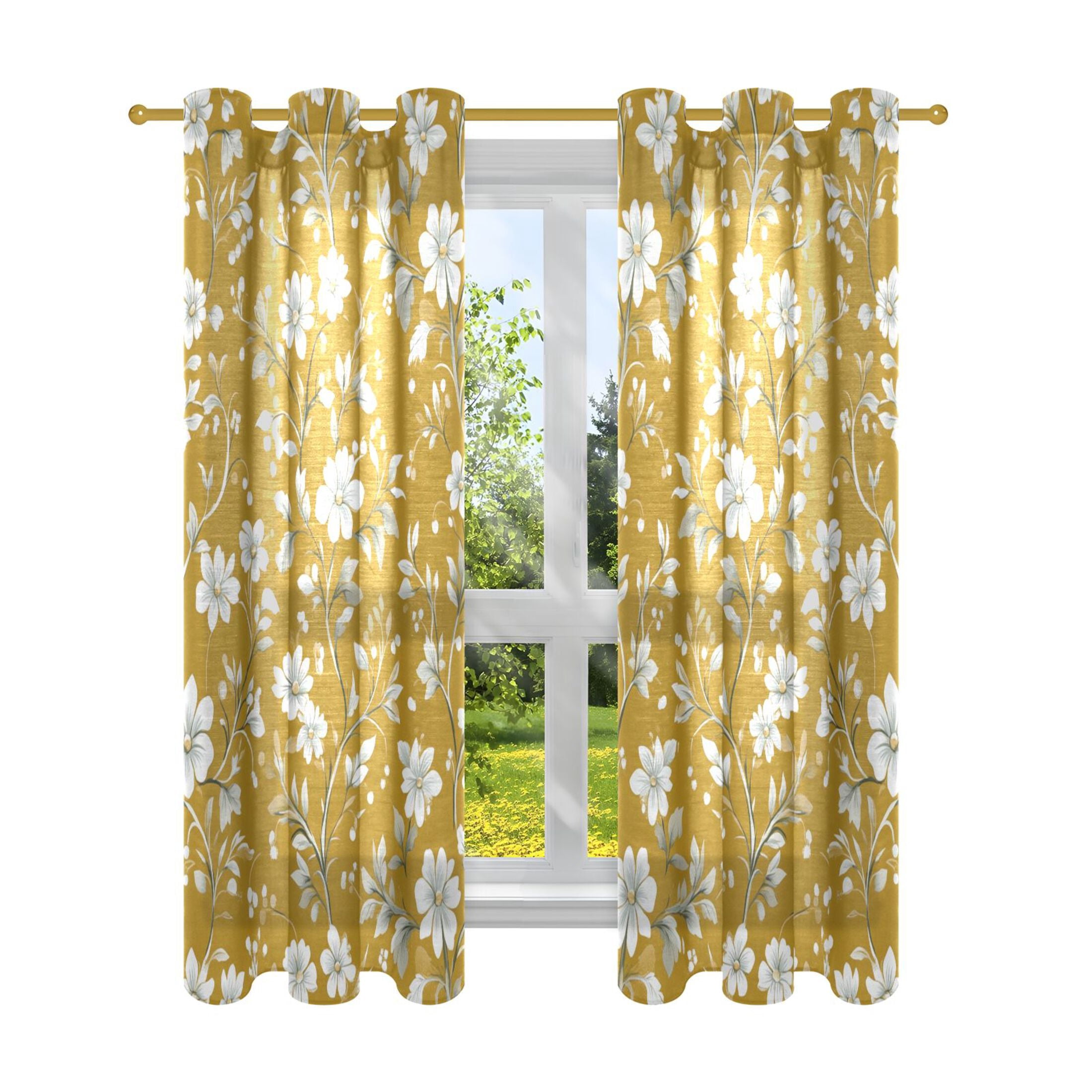 White Floral Seamless Pattern Semi Sheer Curtains for Living Room ...