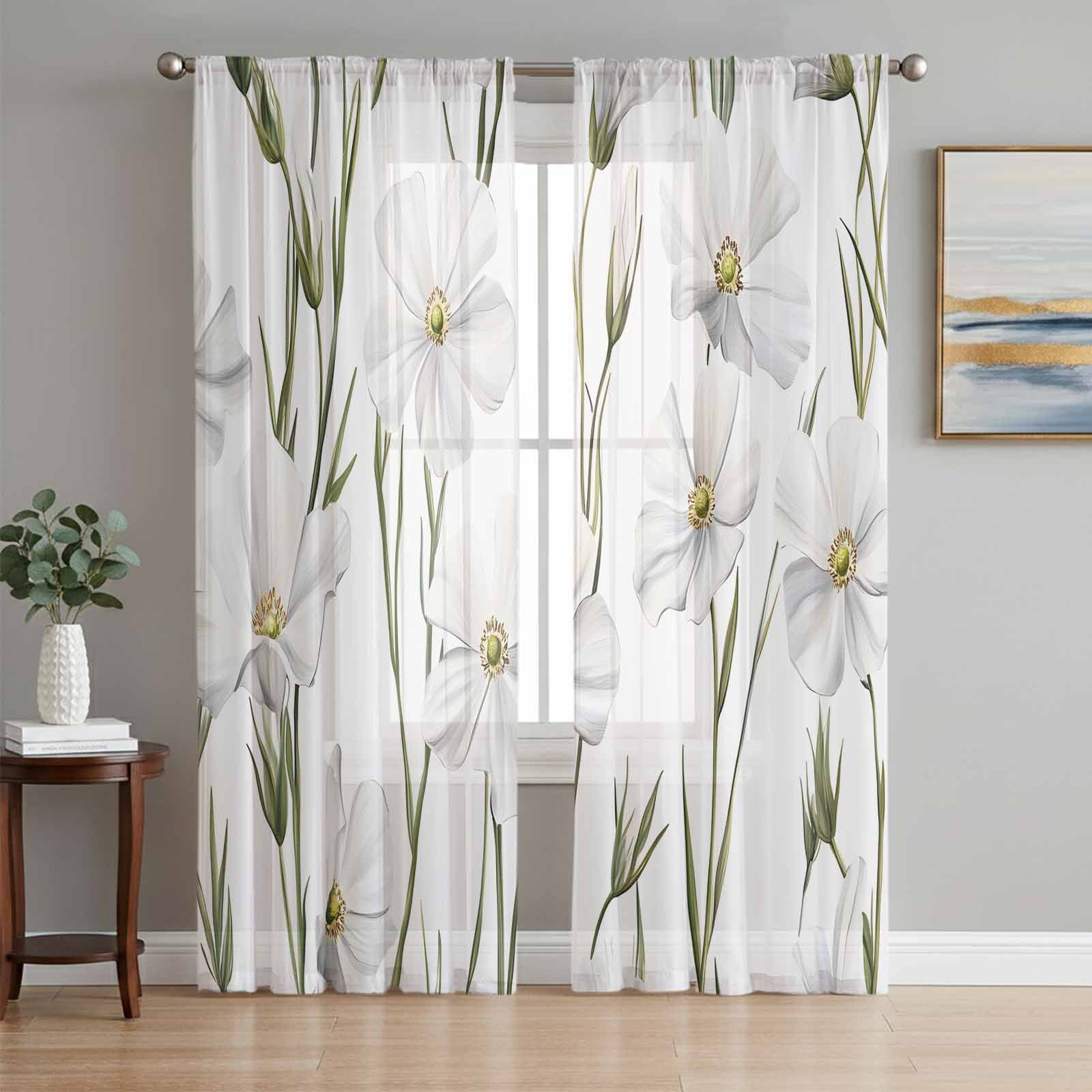 White Floral Sheer Curtains 84 Inch Length 2 Panels Set, Garden Floral ...