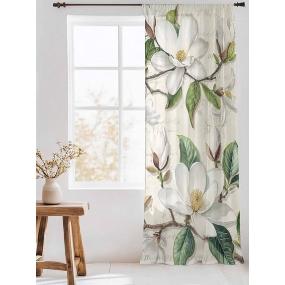 White Floral Sheer Curtains 96 Inch Long 1 Panel Magnolia Bud Green ...