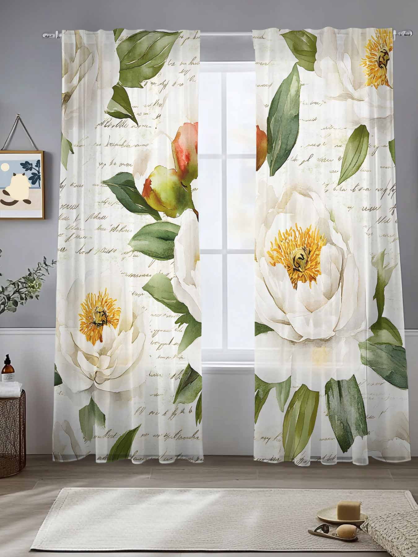 White Floral Sheer Curtains for Living Room Bedroom Farmhouse Romantic ...