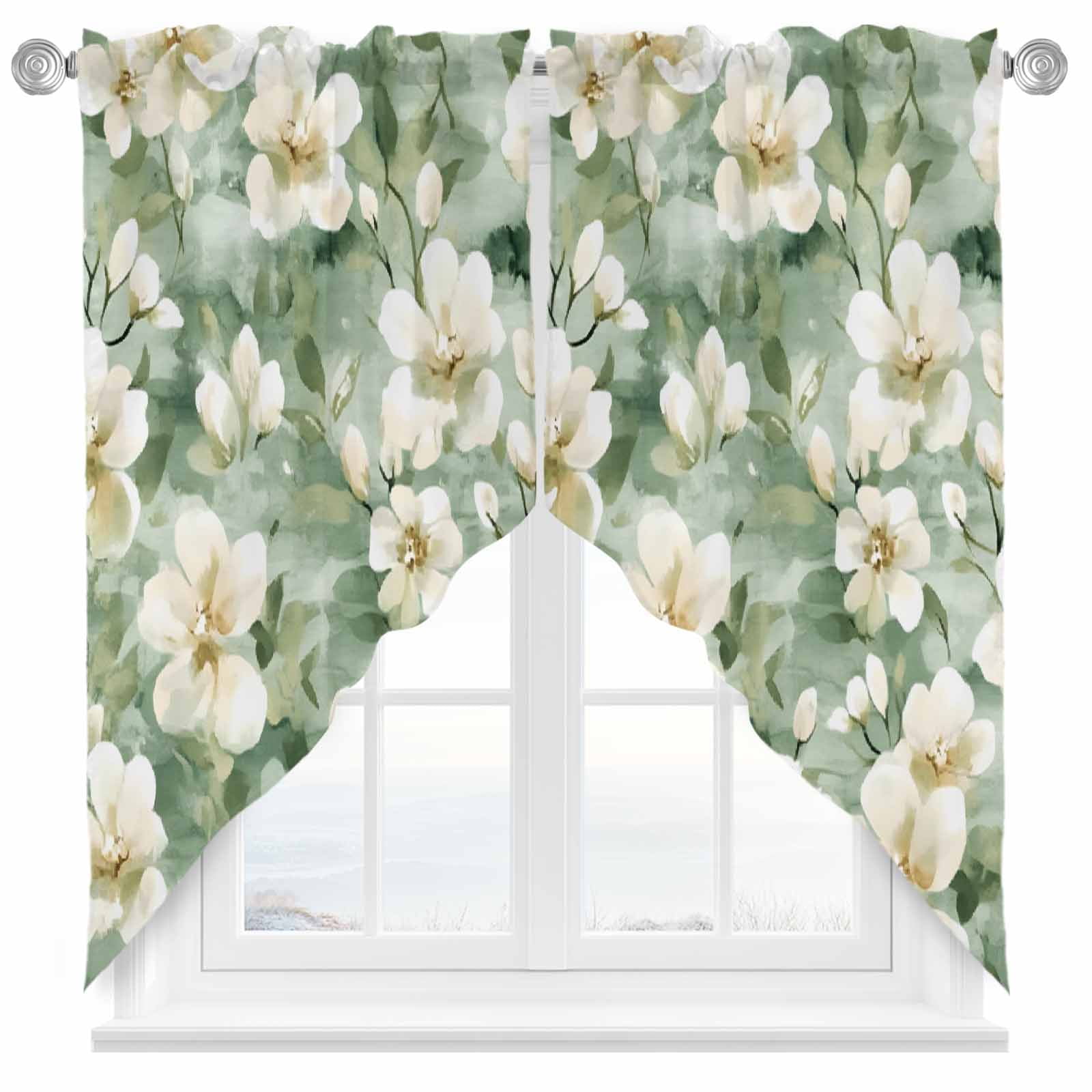 White Floral Swag Valances for Windows 2 Pack Watercolor Flower Sage ...
