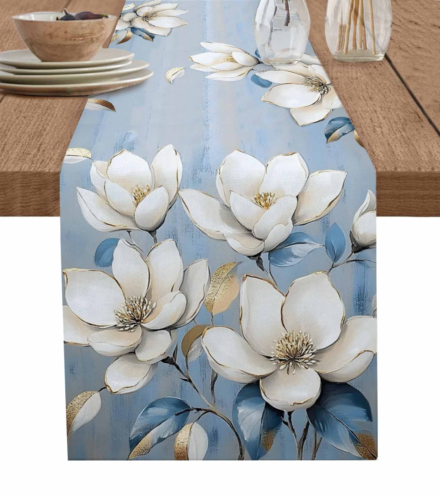 White Floral Table Runner 72 Inches, Blue Botanical Flowers Branches ...