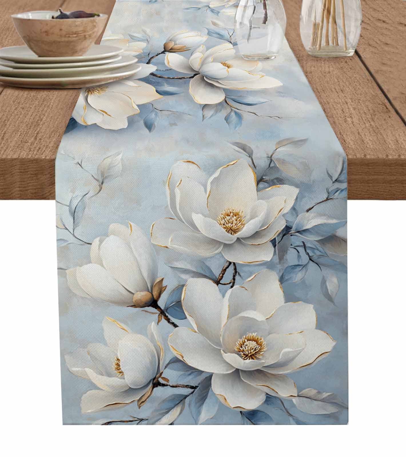 White Floral Table Runner 72 Inches, Farmhouse Botanical Flowers ...