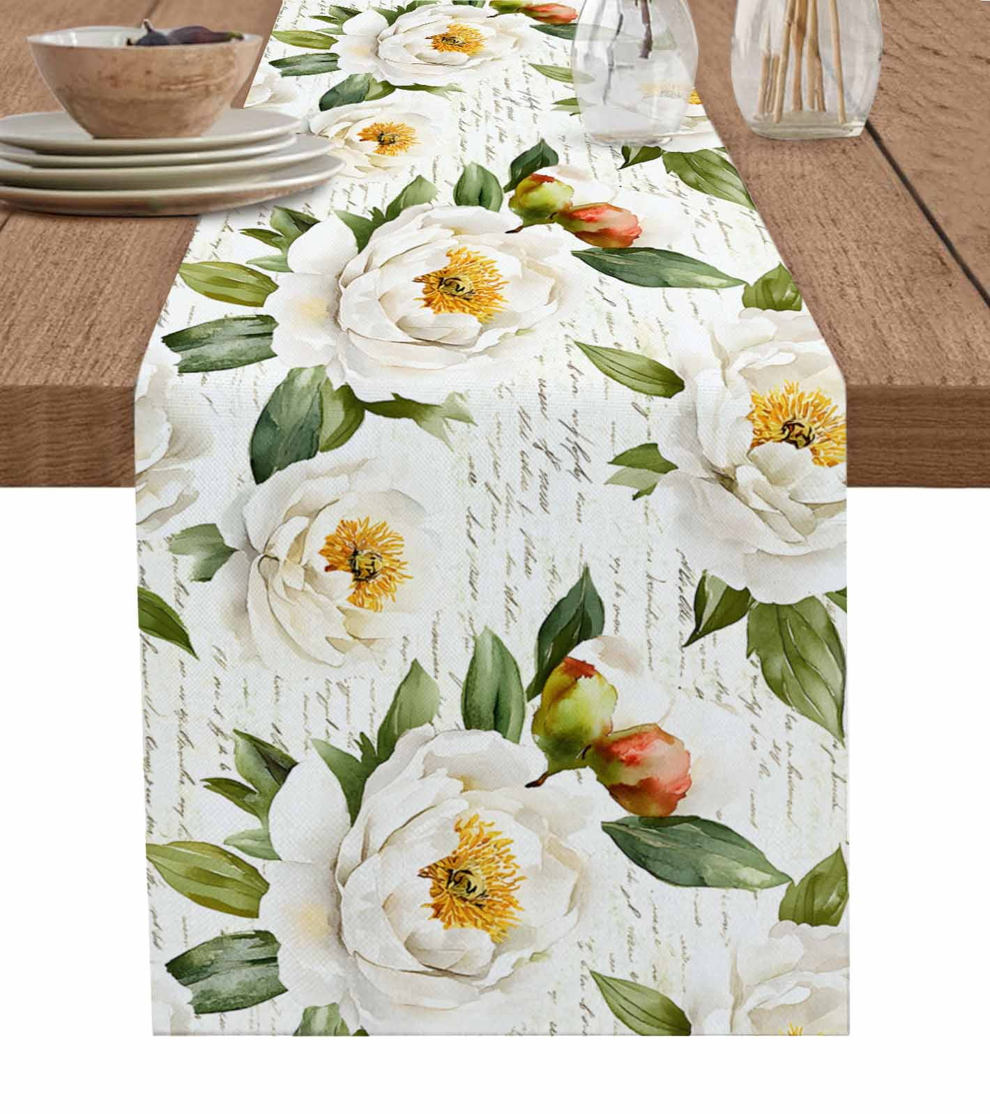 White Floral Table Runner 72 Inches, Farmhouse Romantic Spring Flowers ...