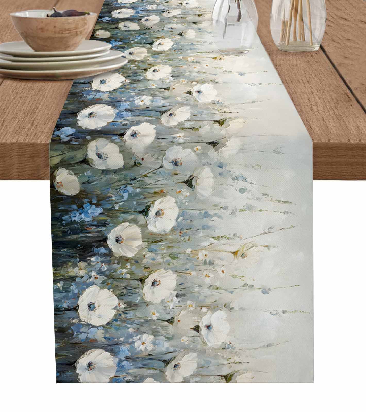 White Floral Table Runner 72 Inches, Modern Farmhouse Oil Painting ...