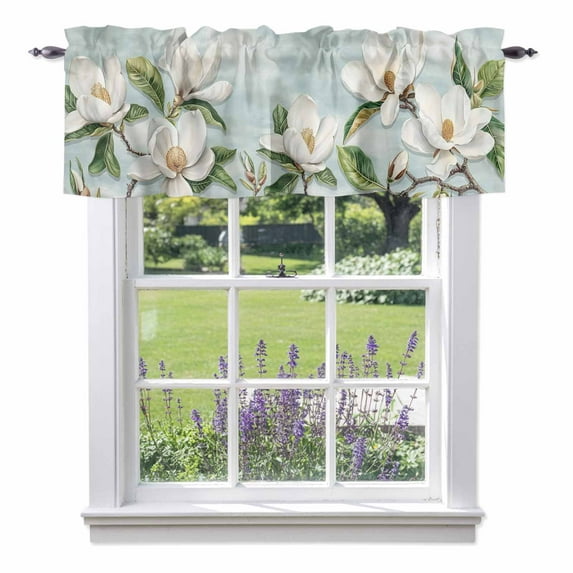 White Floral Valances for Windows, Magnolia Flower Bud Green Leaf ...