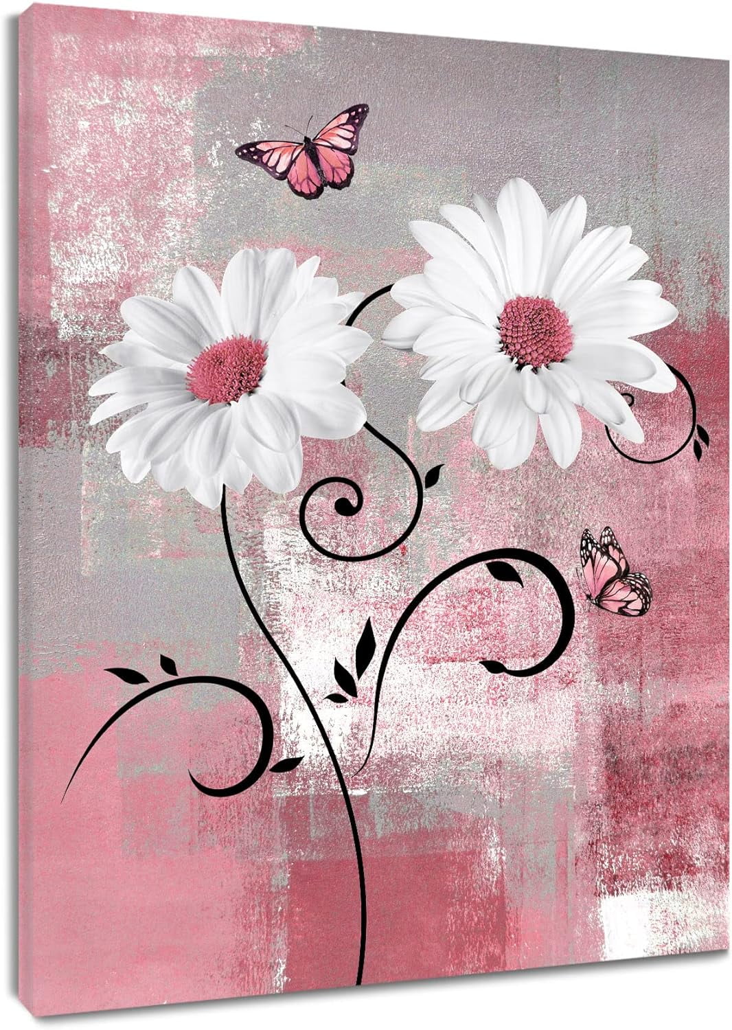 White Floral Wall Art Pink Butterfly Abstract Daisy Flower Canvas Wall ...
