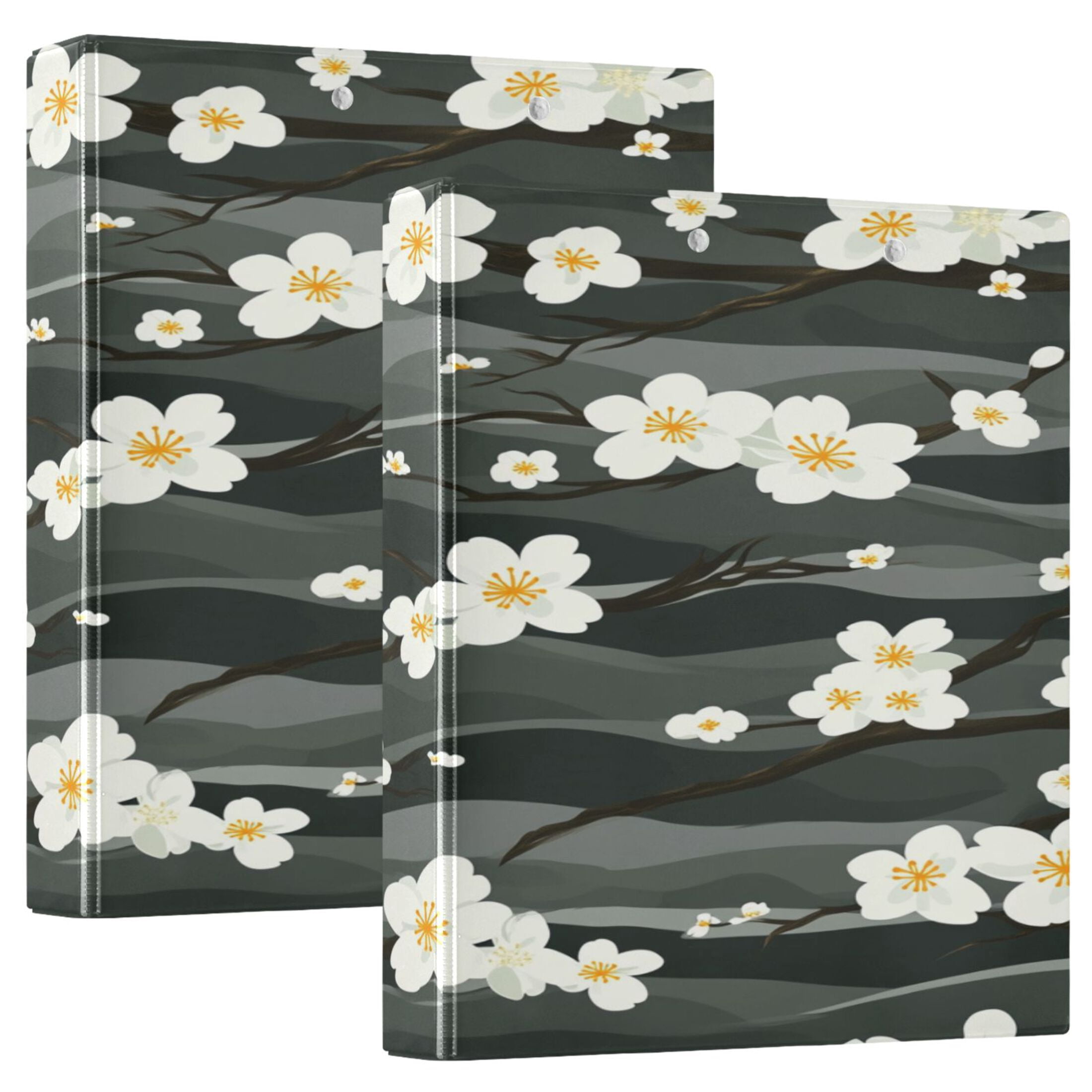 White Floral on Dark Waves 12.4x10.6in PVC Round Ring Binders, 2-Pack ...