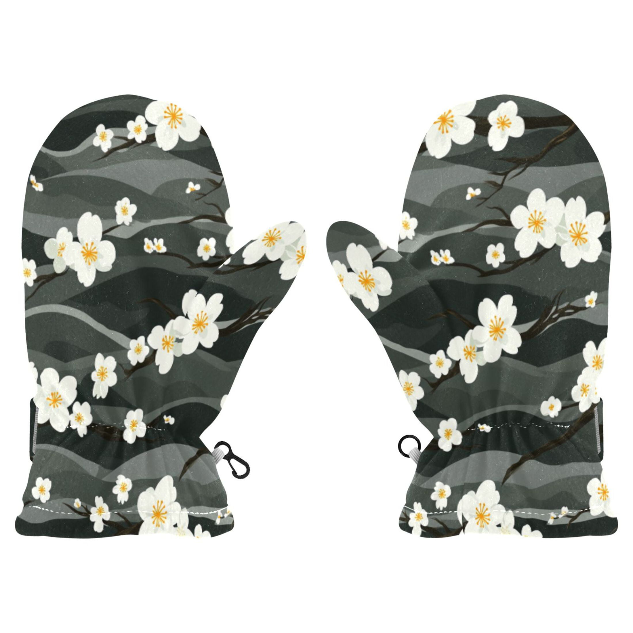White Floral on Dark Waves Witch Cauldron Pattern Cold Weather Mittens ...