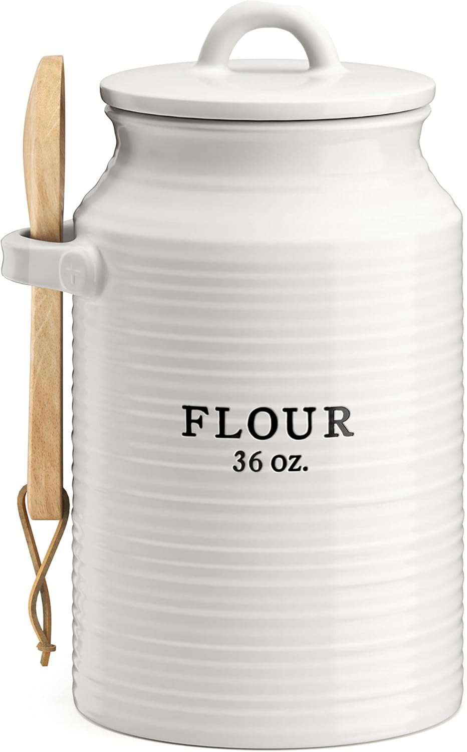 White Flour Canister for Kitchen Counter, Rustic Farmhouse Ceramic ...