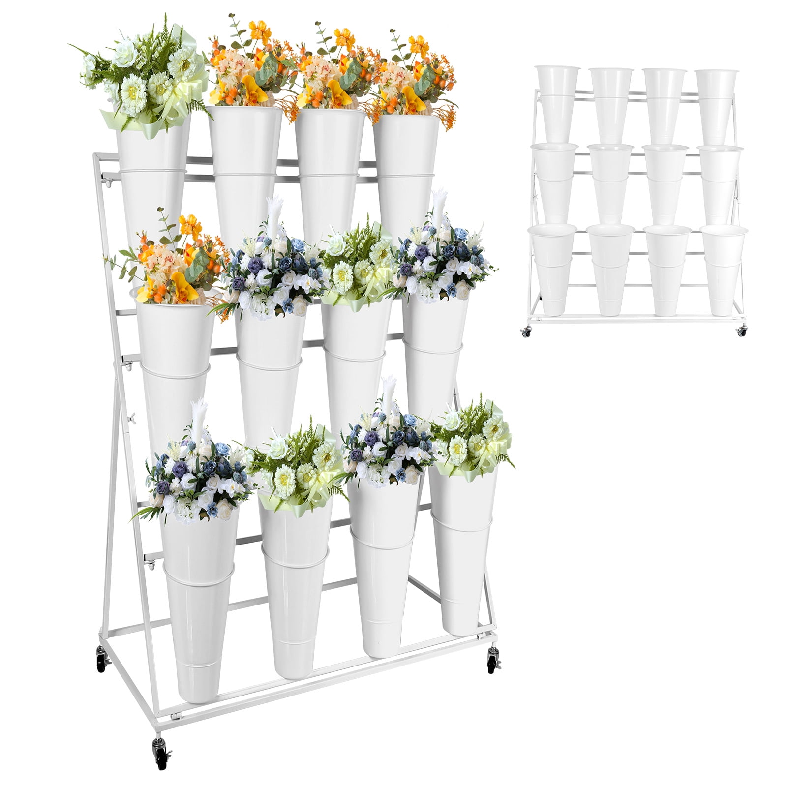 White Flower Display, 12 White Round Plastic Buckets, 3-Tier Iron Plant ...