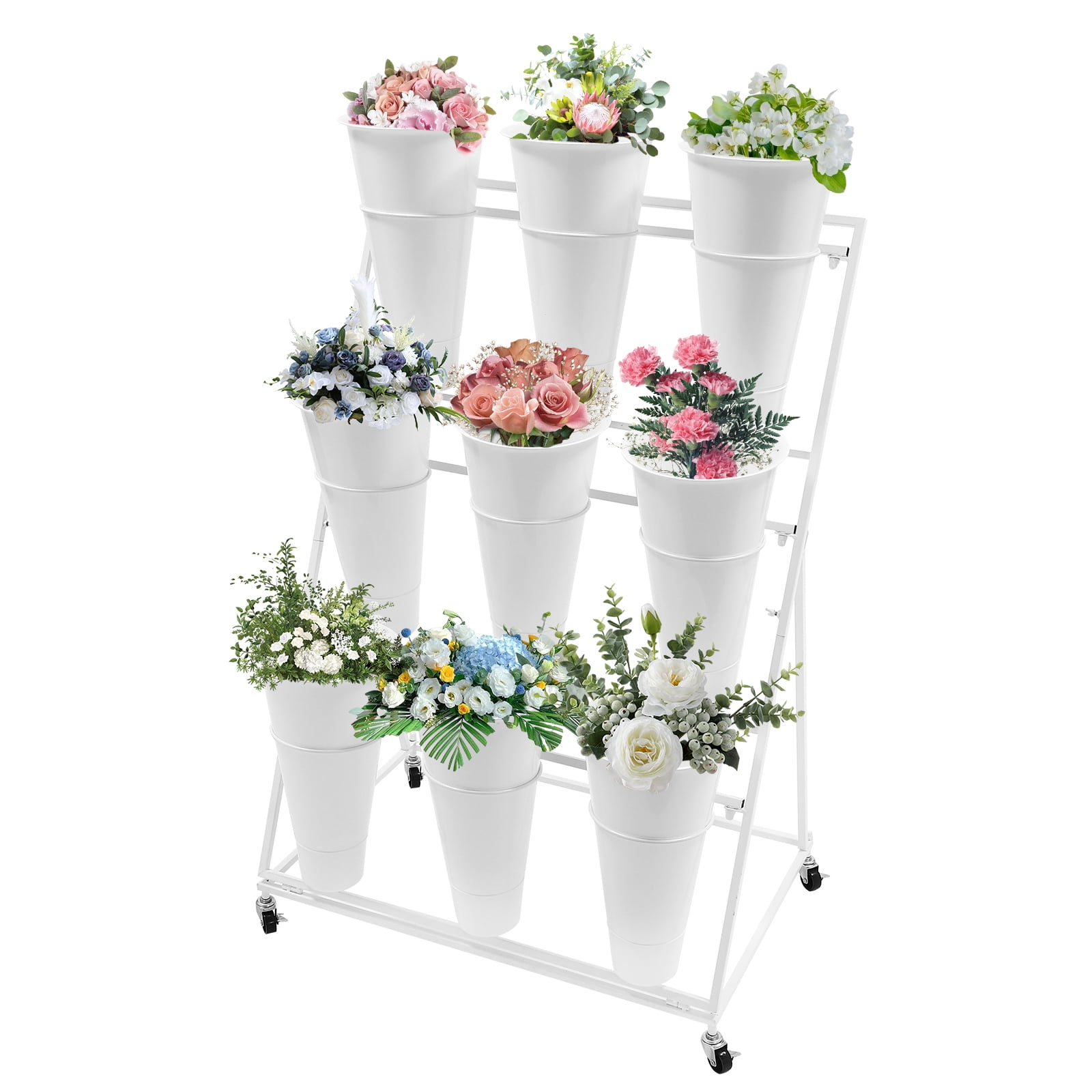 White Flower Display Stand with 9PCS Buckets, 3 Layers Metal Plant ...