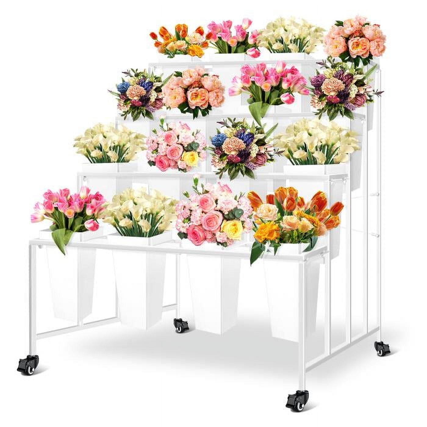 White Flower Display Stand with 16 Buckets, Movable, 4-Tier, Open ...